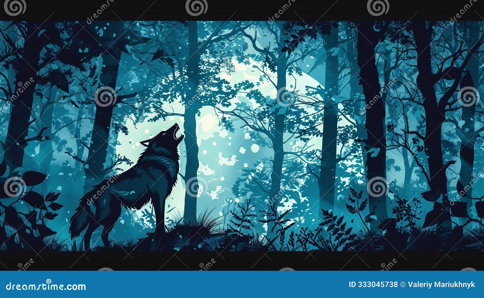 Howling Wolf Silhouette in Moonlit Forest with Tree Shadows and Foliage ...