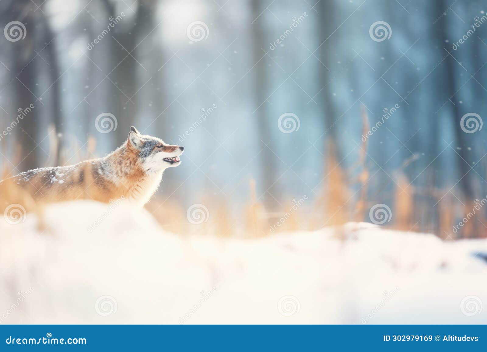 Howling Wolf in a Snowy Expanse, Blurred Forest Edge Stock Illustration ...