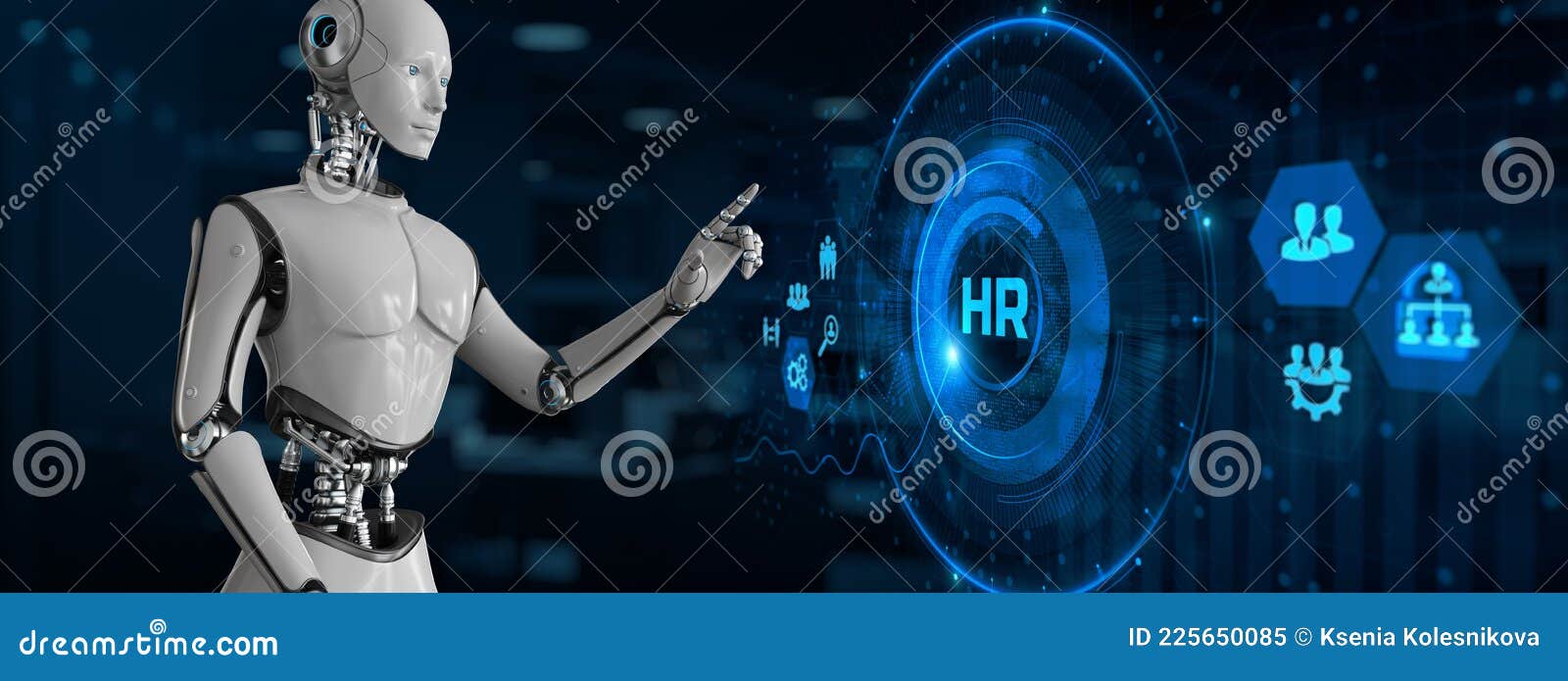 HR Human Resources Automation RPA. Robot Pressing Button on Screen 3d ...