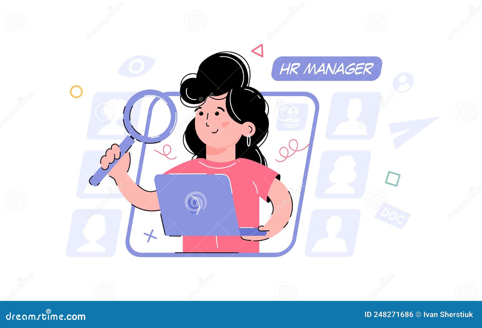 Hr, Recruiting Theme. the Girl Works at the Computer and Holds a ...
