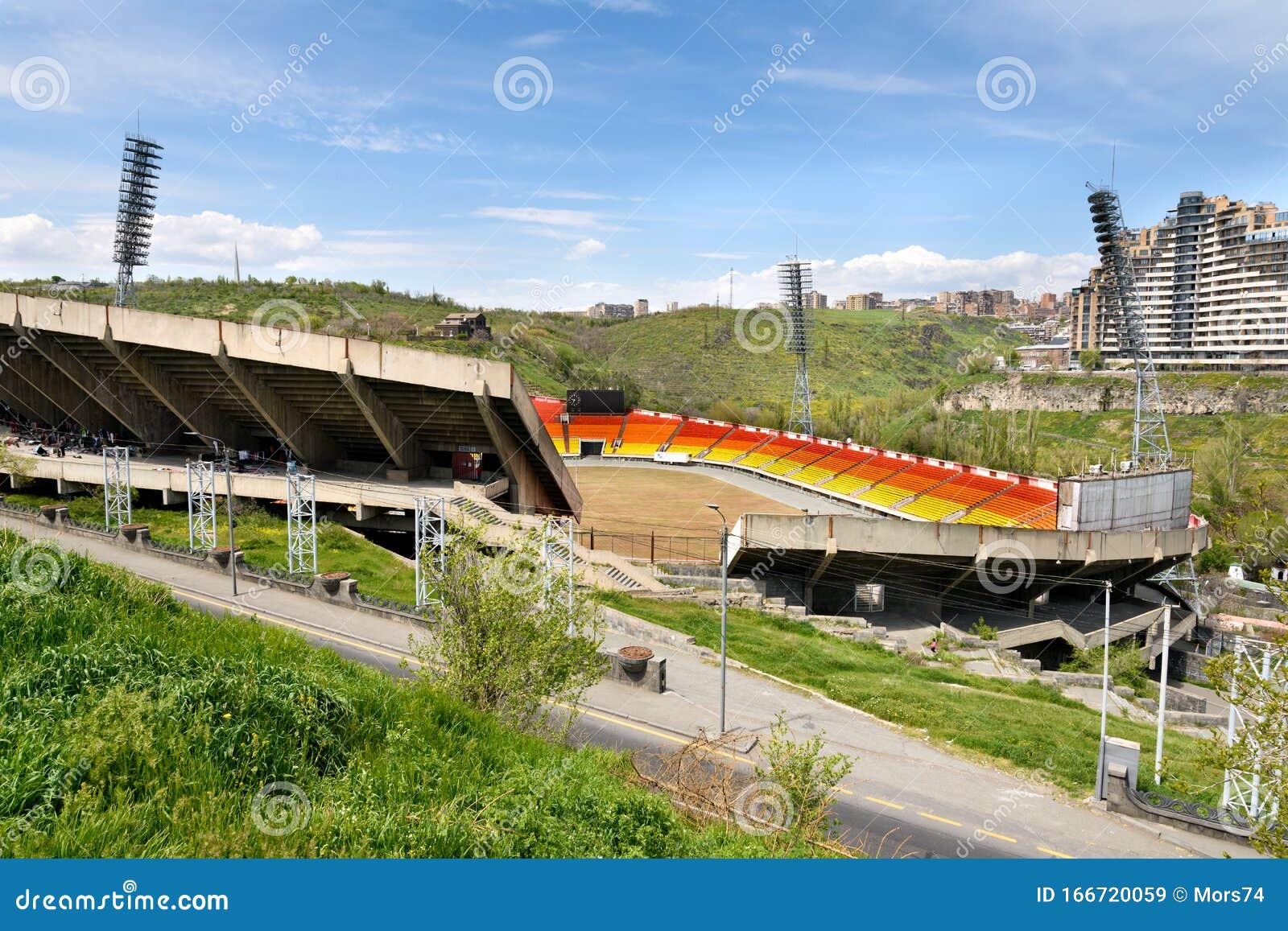 The Stands Of Hrazdan Stadium And House On Hill. Royalty-Free Stock ...