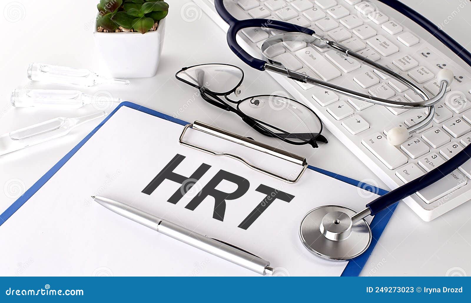 HRT Text on White Paper on White Background. Stethoscope ,glasses and ...