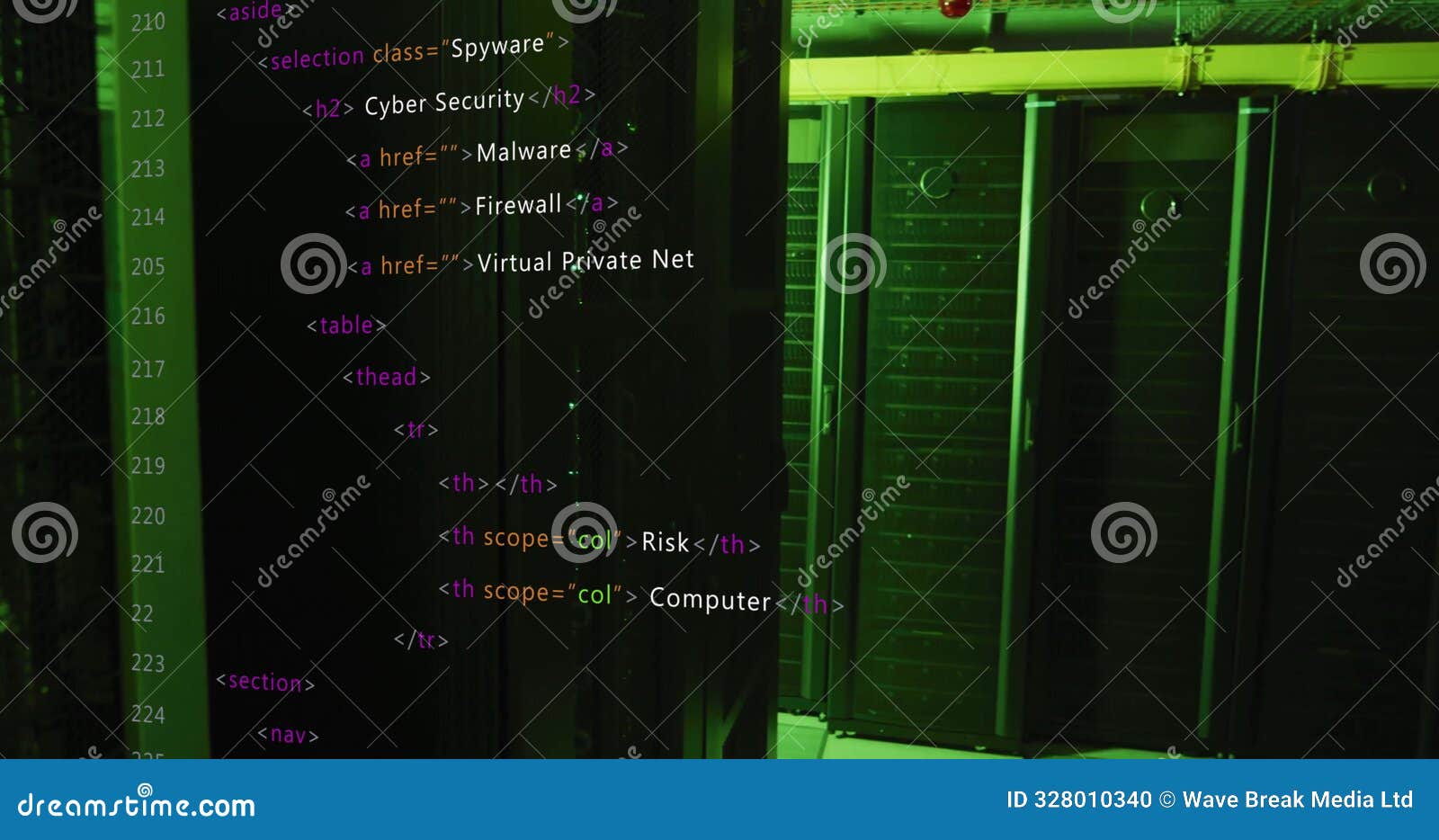 HTML Code Image Over Green-lit Server Room Stock Photo - Image of ...