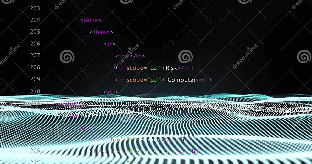 HTML Code Image Over Undulating Grid Lines on Dark Background Stock ...