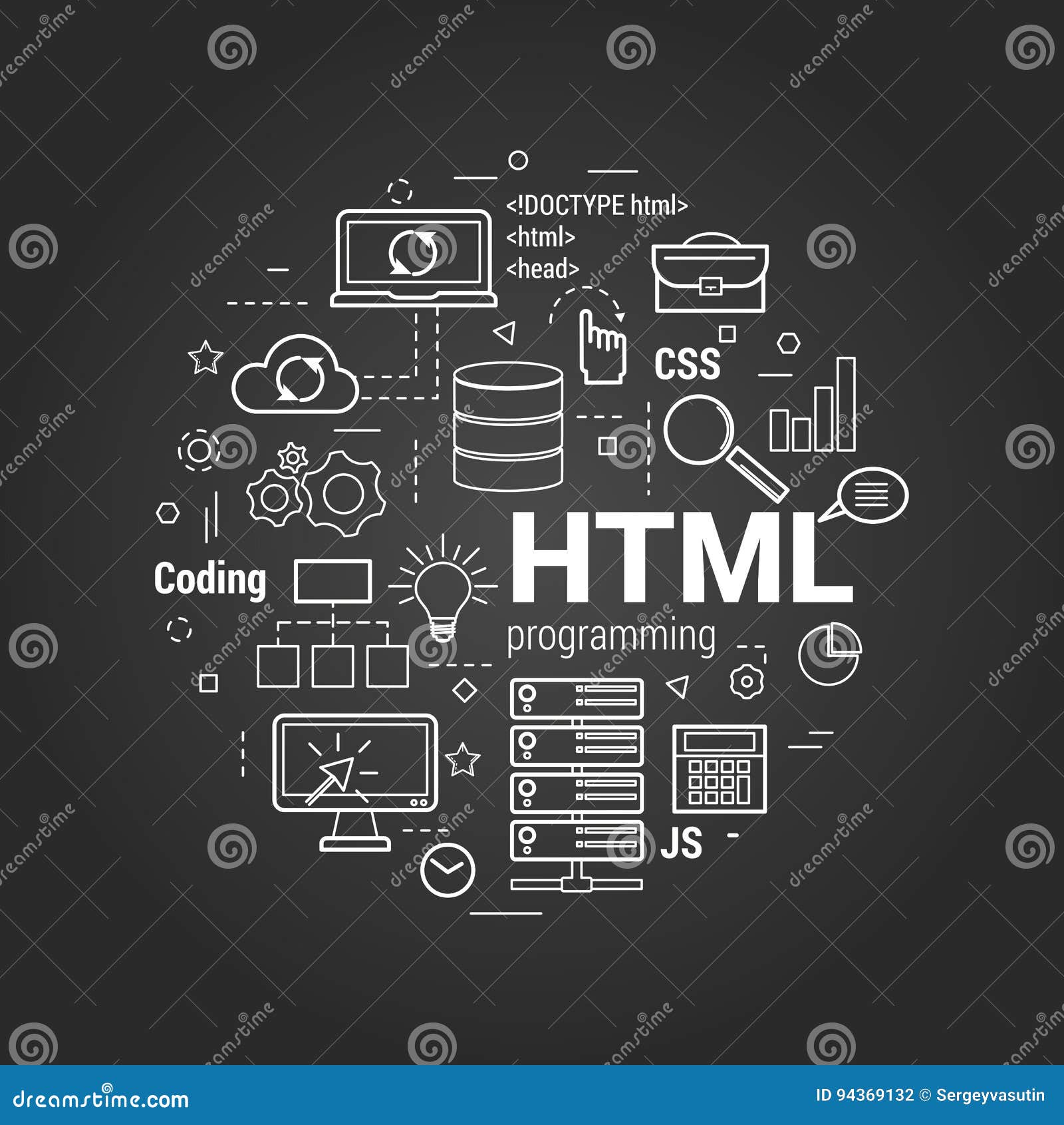 HTML Coding Linear Concept on Black Stock Vector - Illustration of ...