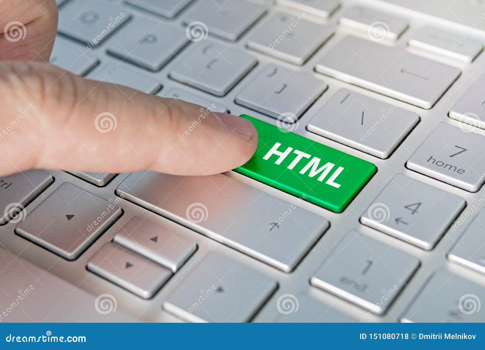 HTML Computer Language. Writing on Button Modern of Gray Laptop. Finger ...
