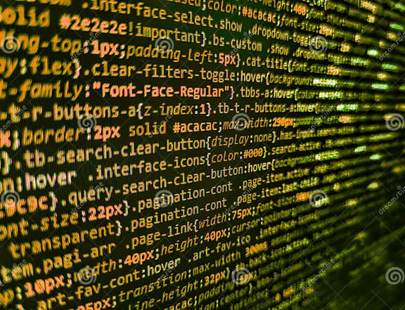 HTML5 Concept Macro Backdrop in Warm Colors. Programming Code Abstract Screen of Software ...
