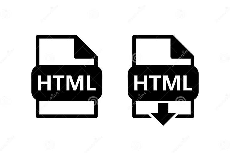 Html File Format Black Icon, Download Html File Sign with Arrow, Set of ...