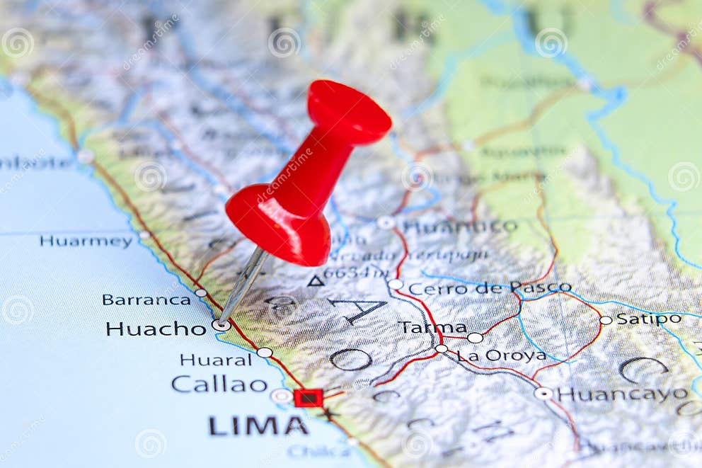 Huacho, Peru pin on map stock photo. Image of globe - 337474350