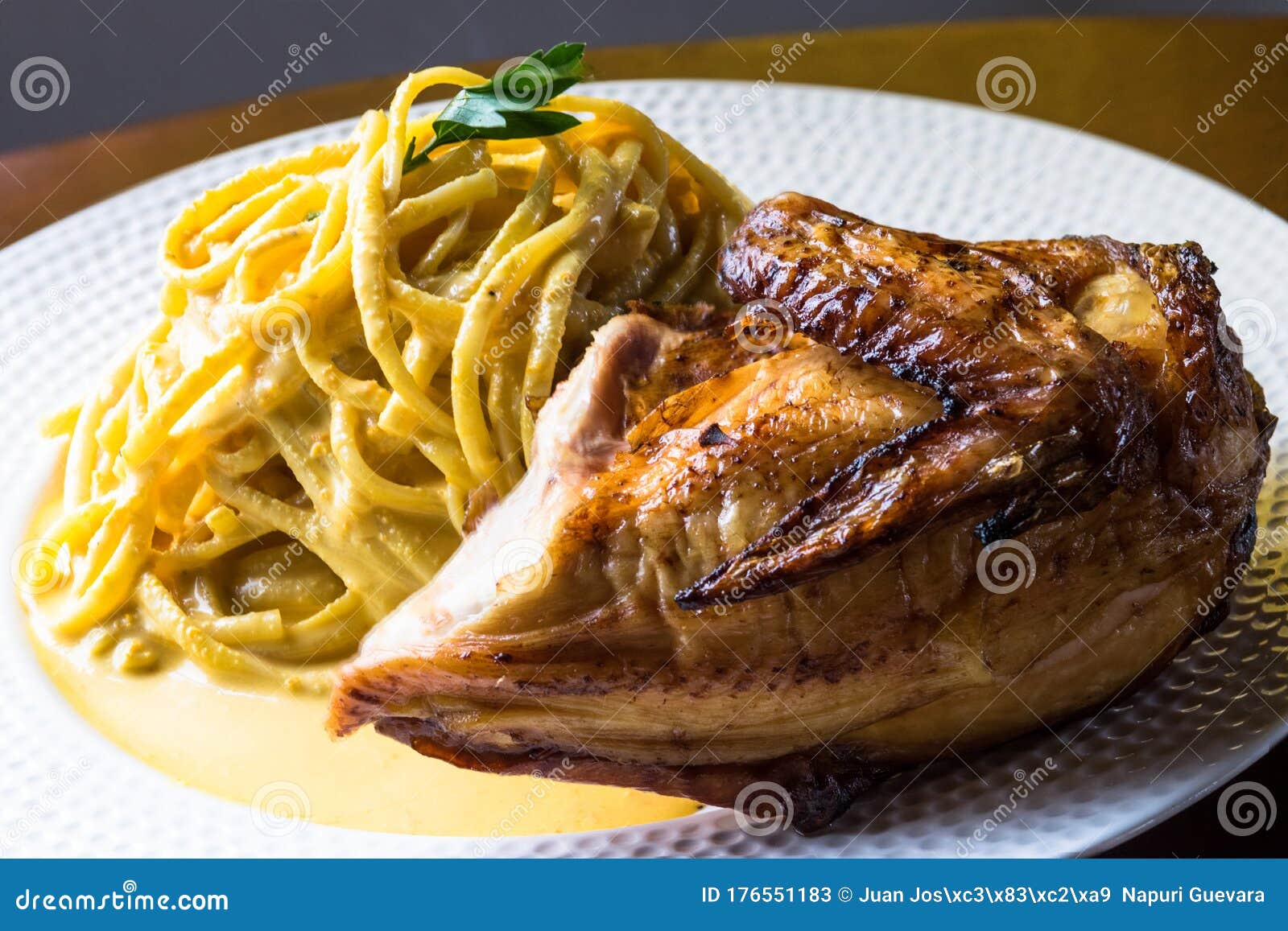 Huancaina Noodles with Grilled Chicken, Typical Peruvian Sauce. Stock ...