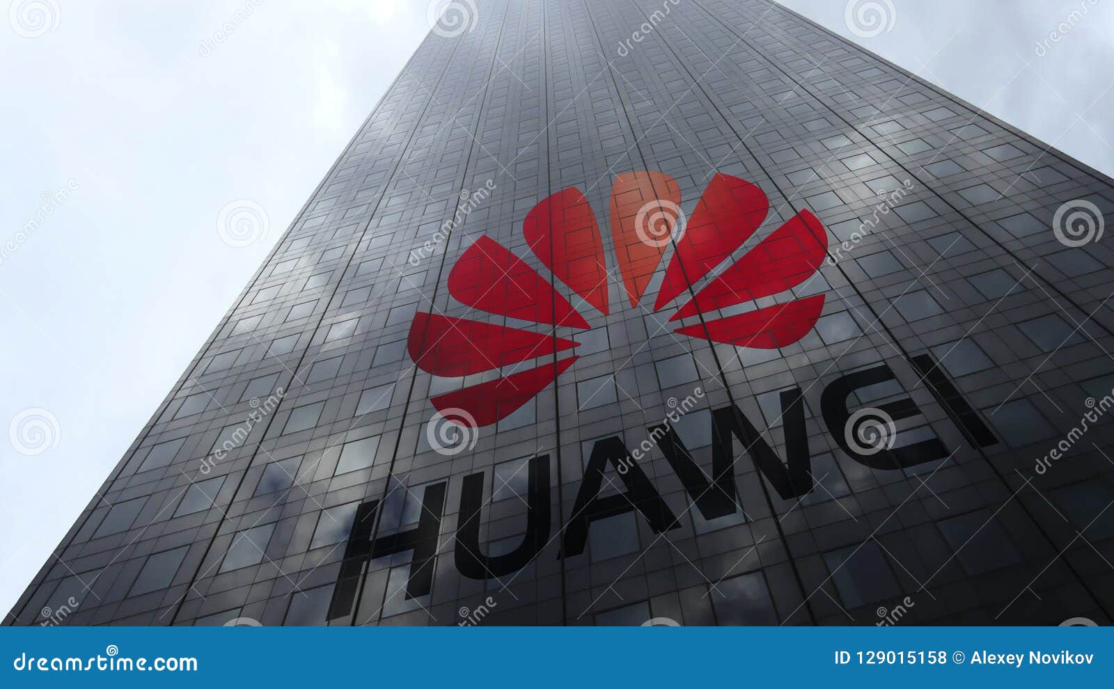 Huawei Logo on a Skyscraper Facade Reflecting Clouds, Time Lapse ...