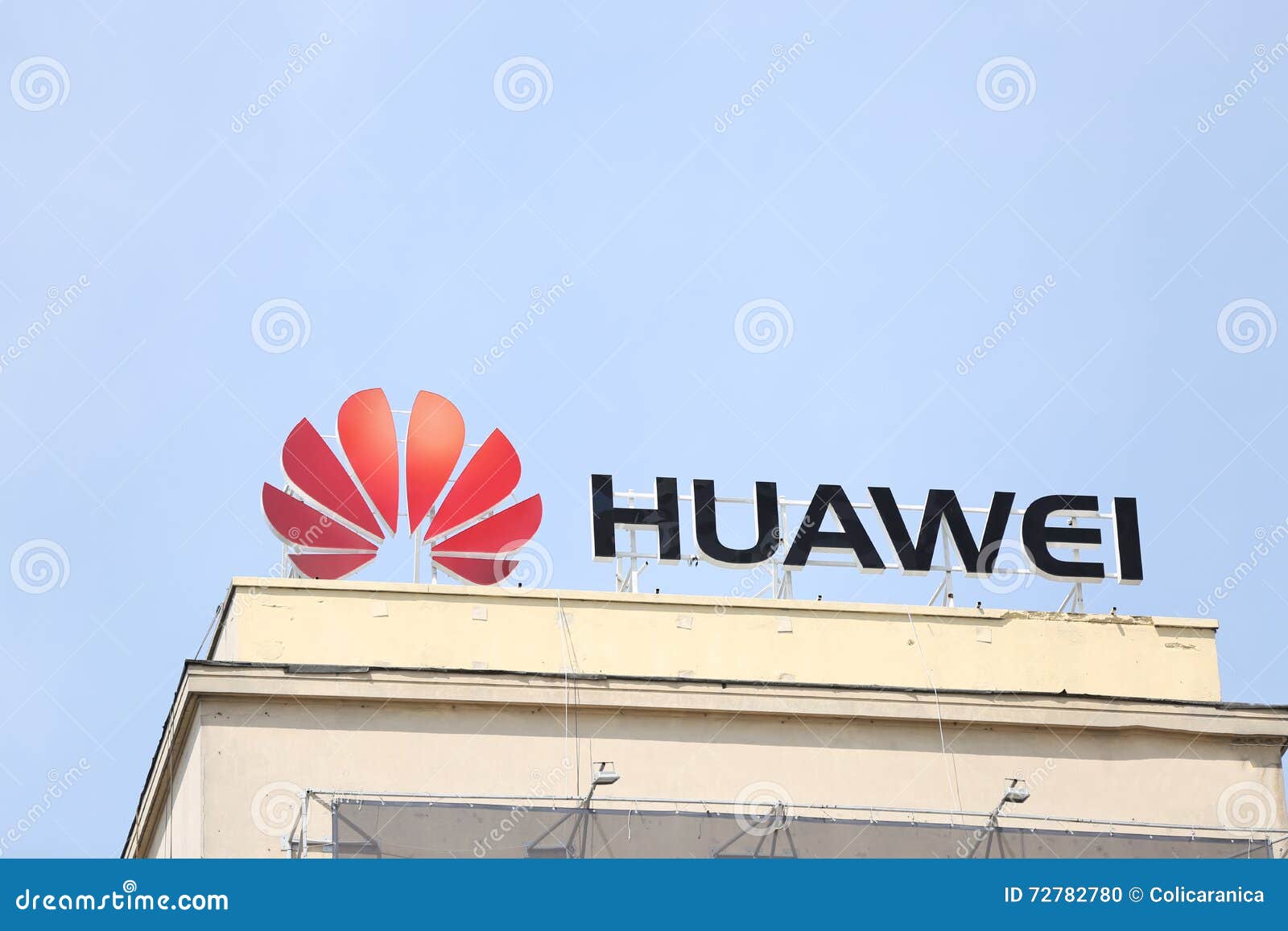 Huawei Sign, Logo, Emblem On The Facade Of Huawei Poland Building ...