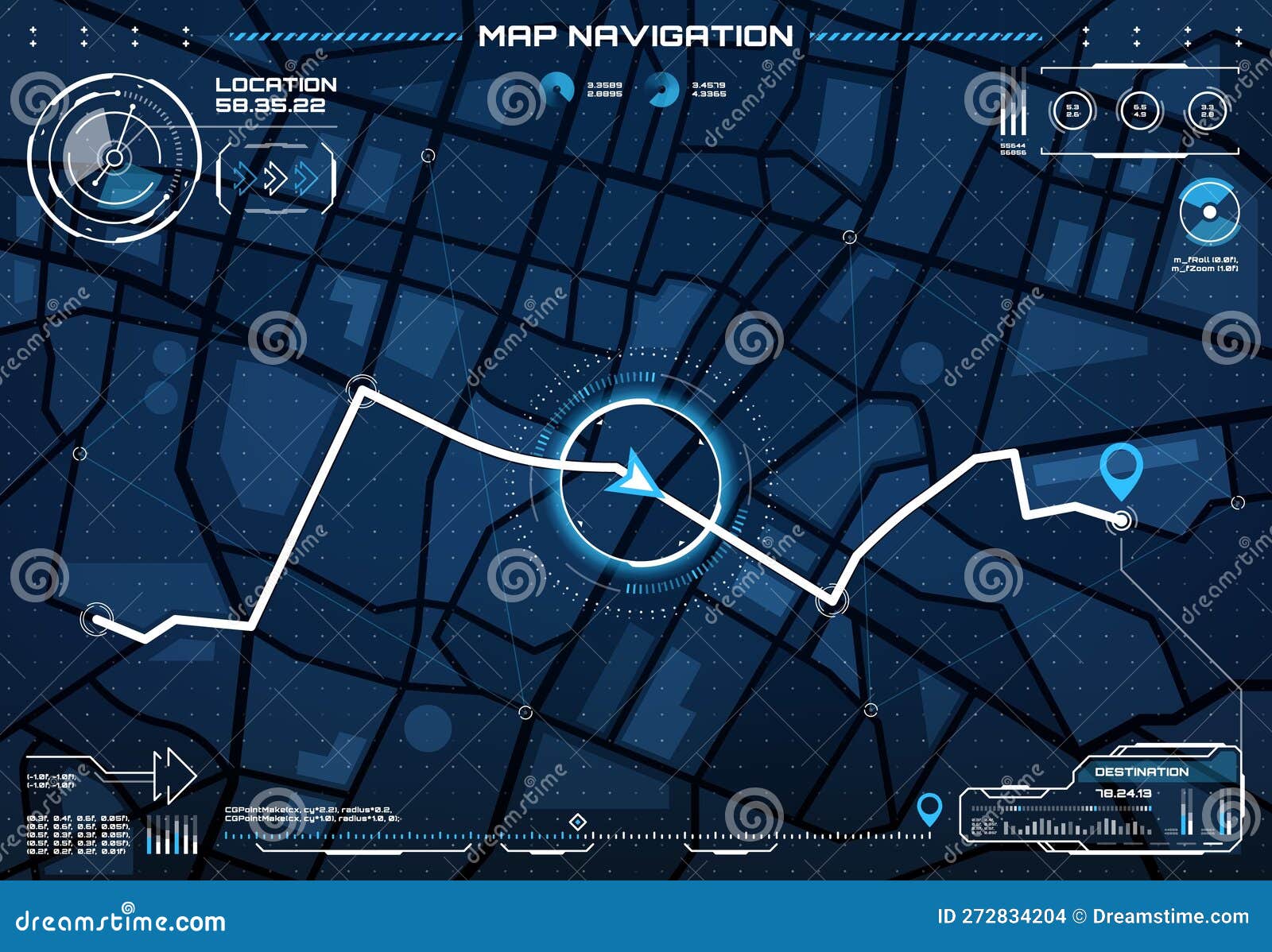 HUD City Map Navigation Interface Screen and Route Stock Vector ...