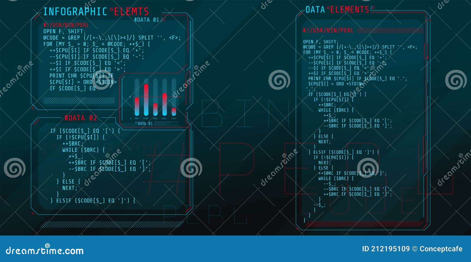 HUD Interface Elements with Part of the Code Perl. Stock Vector - Illustration of hitech ...