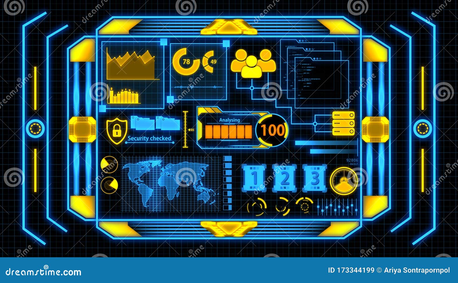 HUD Futuristic Screen with Orange and Blue Data Analysis Details ...