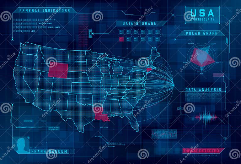 HUD Map of the USA. Set of HUD Callout Design Elements. Cyberattack ...