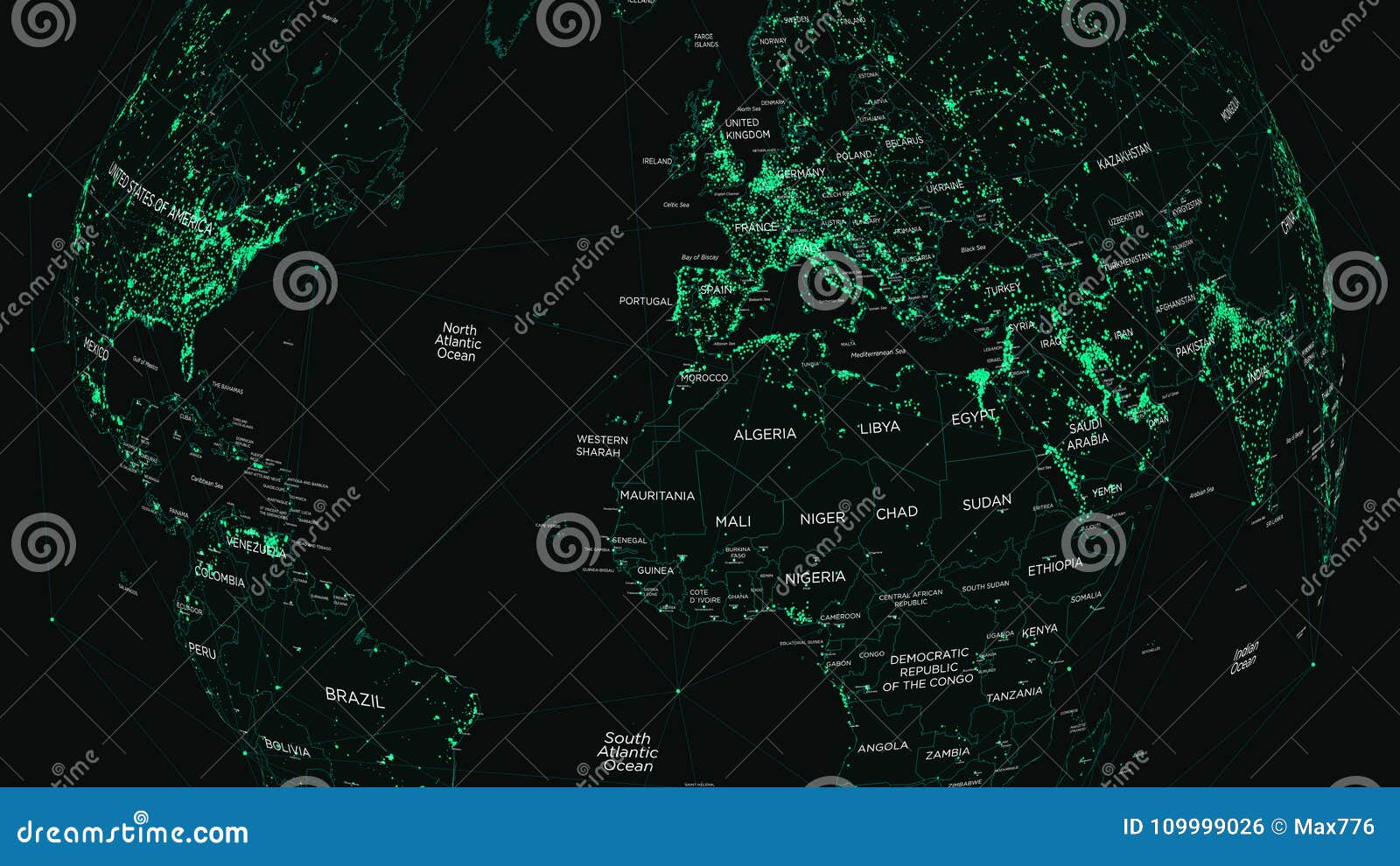 HUD World Map with Global Technology and Telecommunication Network ...