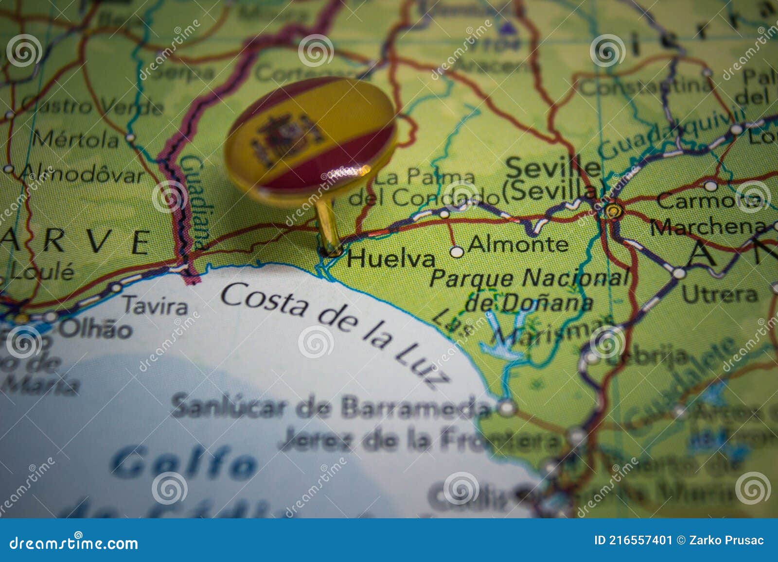 Huelva Pinned on a Map with Flag of Spain Stock Image - Image of flag ...
