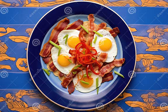 Huevos Rancheros with Crispy Bacon Strips on Blue Ceramic Plate Stock ...
