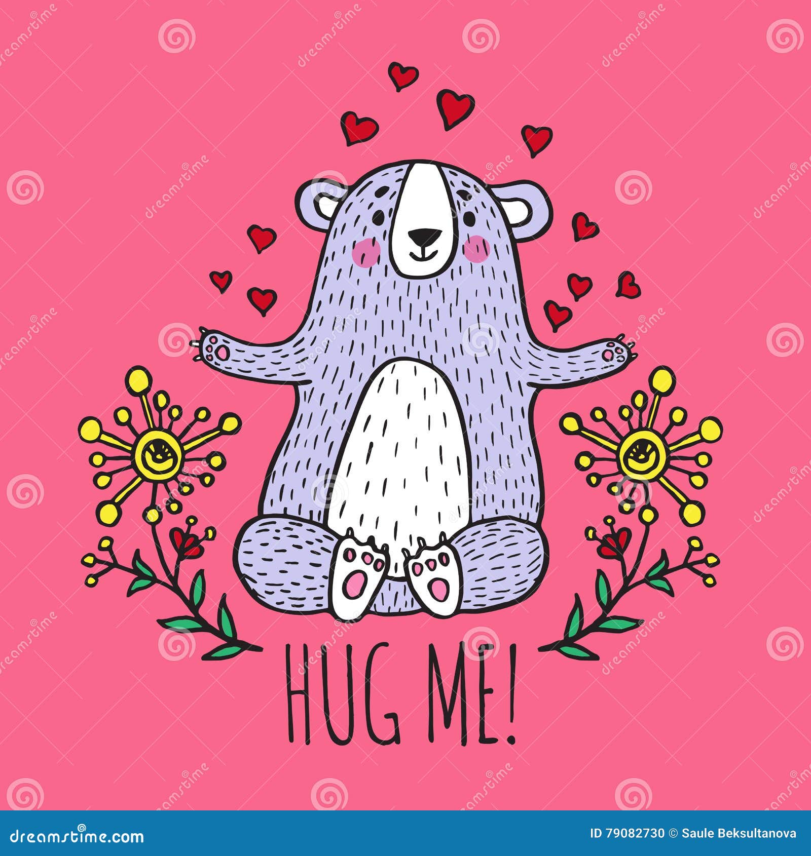Hug Me Card with Teddy Bear Stock Illustration - Illustration of doodle ...