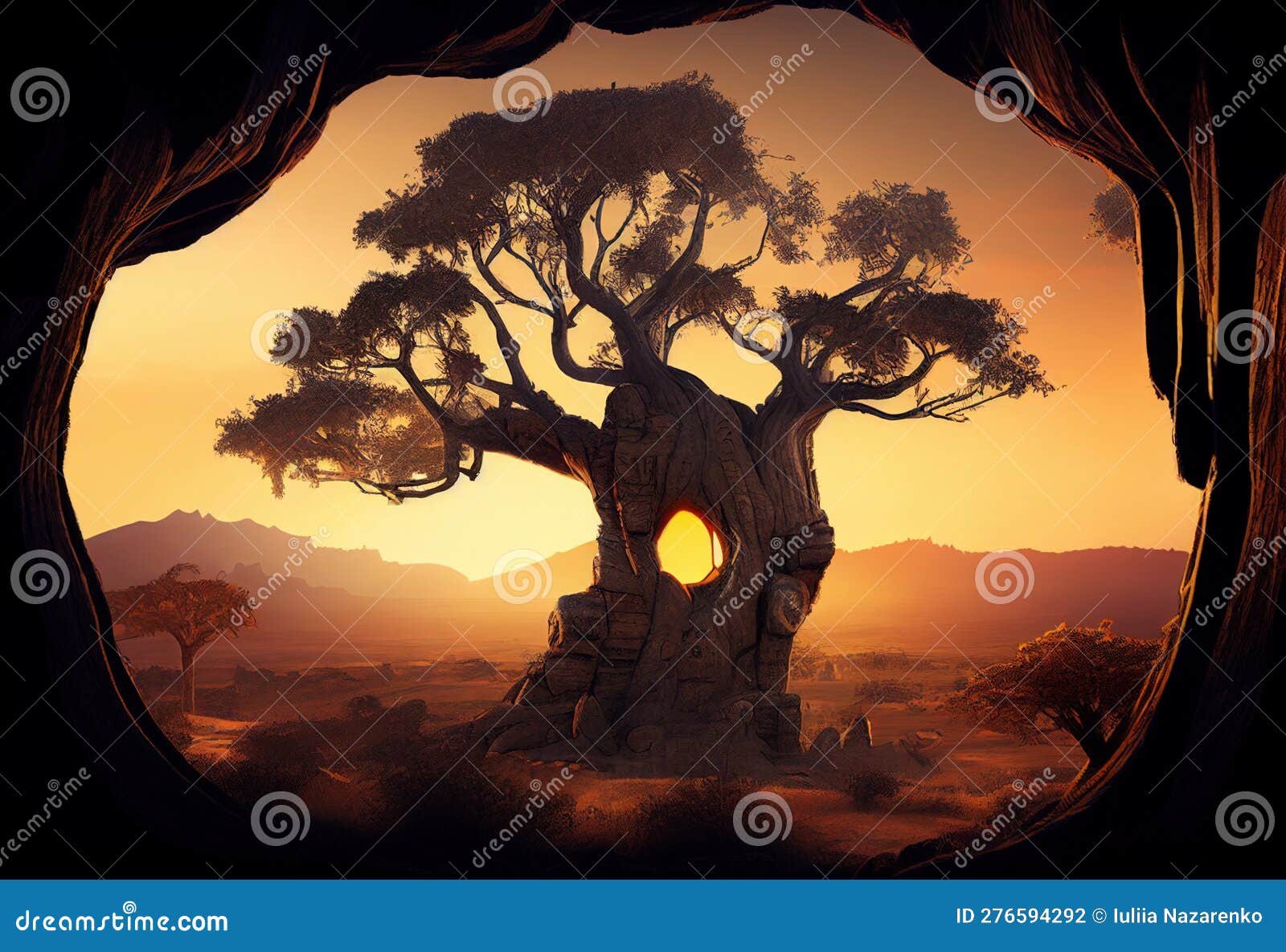 Huge Ancient Tree with Spreading Branches at Sunset. AI Generated Stock ...