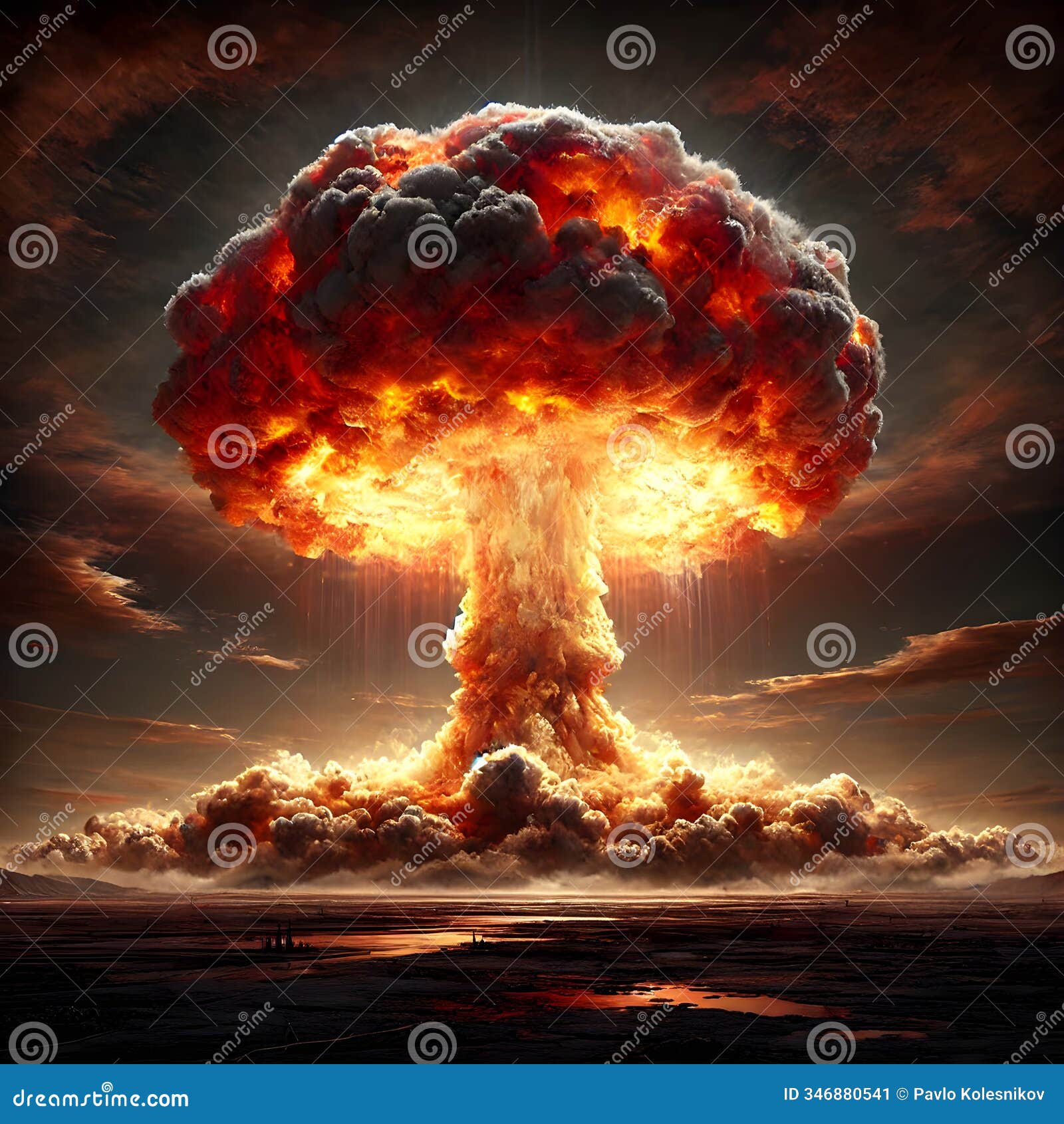 Huge Atomic Bomb Exploding Over Desolated Landscape Stock Illustration ...