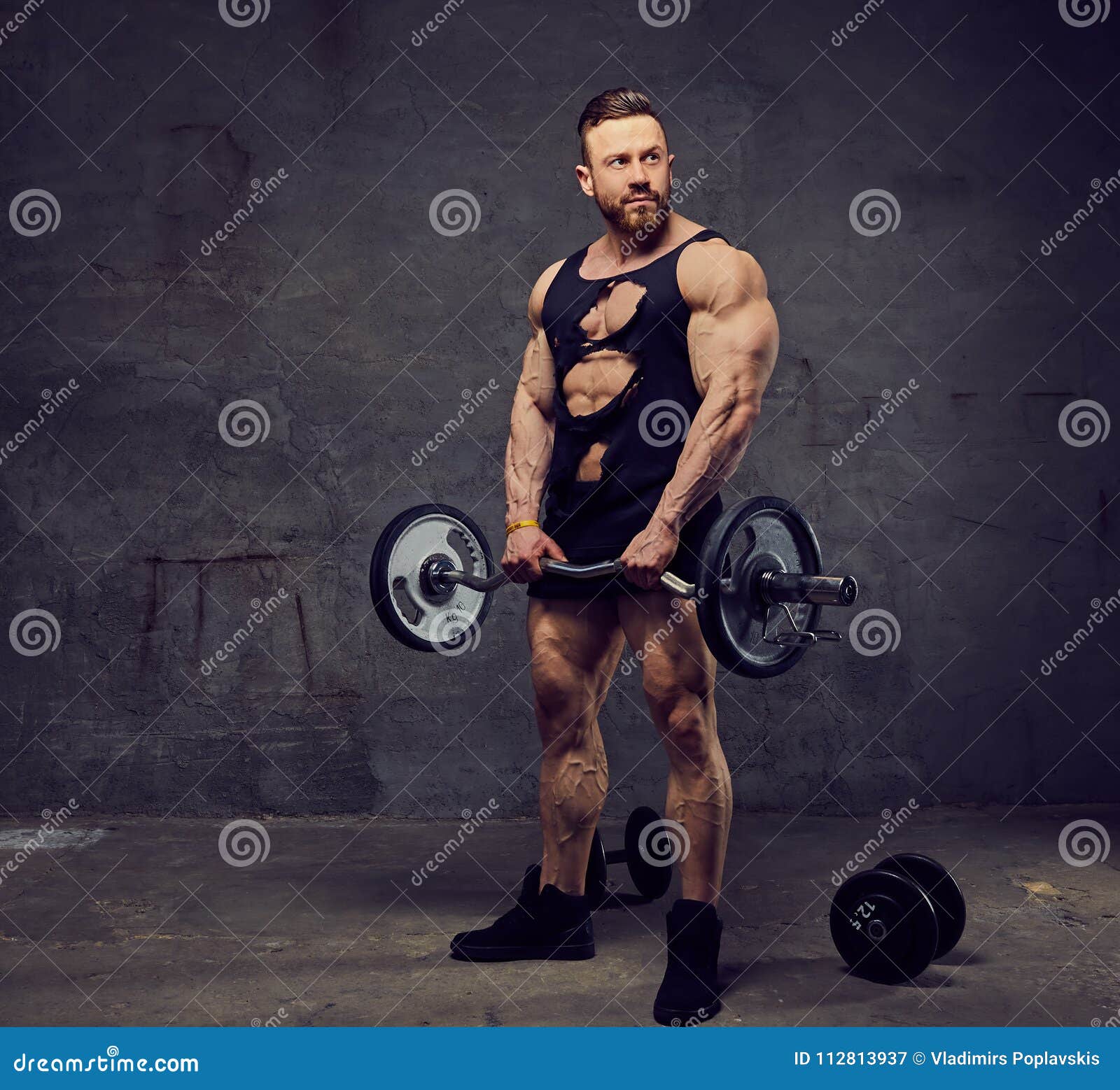 Huge Bearded Bodybuilder Working Out with Barbells. Stock Image - Image ...