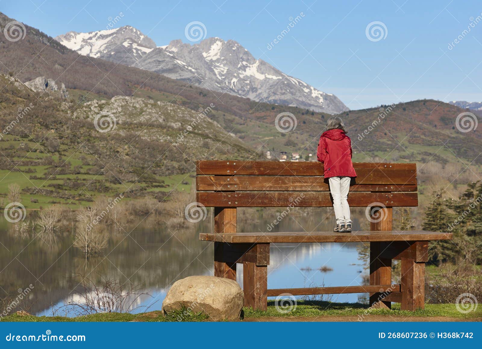 Huge Bench and Mountain Landscape in Riano. Spain Stock Photo - Image ...