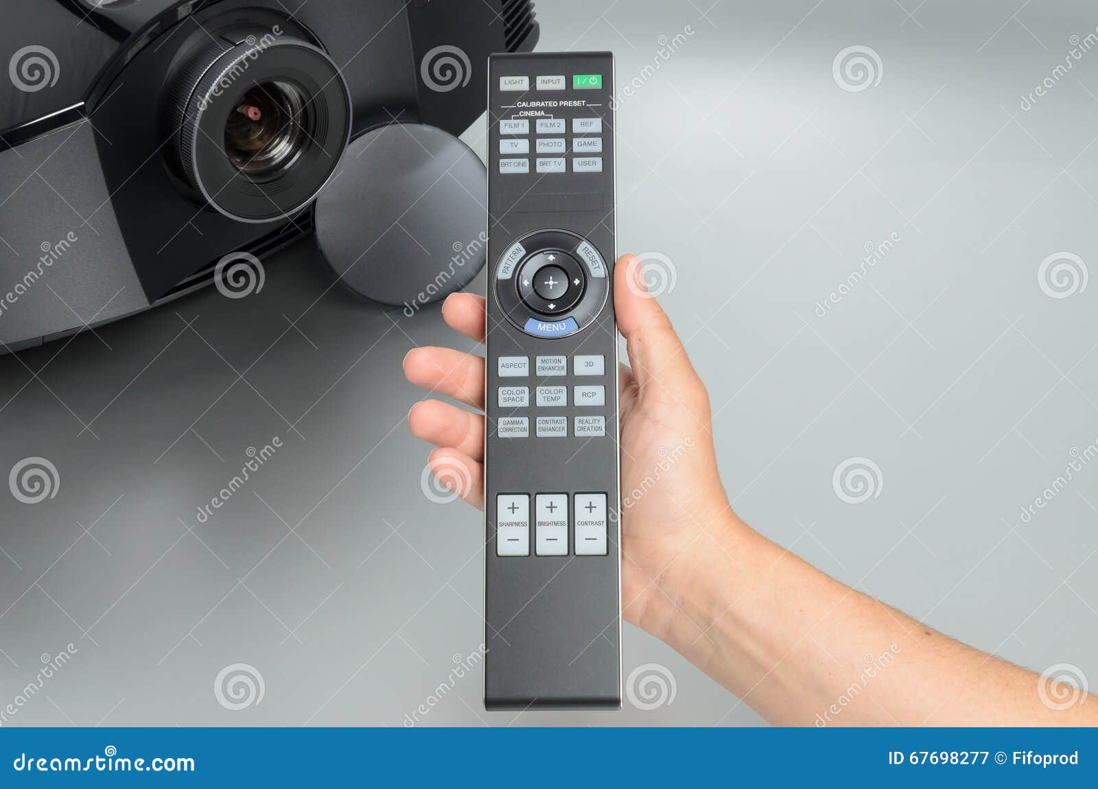 Huge Black Home Cinema Projector, Hand Presenting the Remote Stock ...