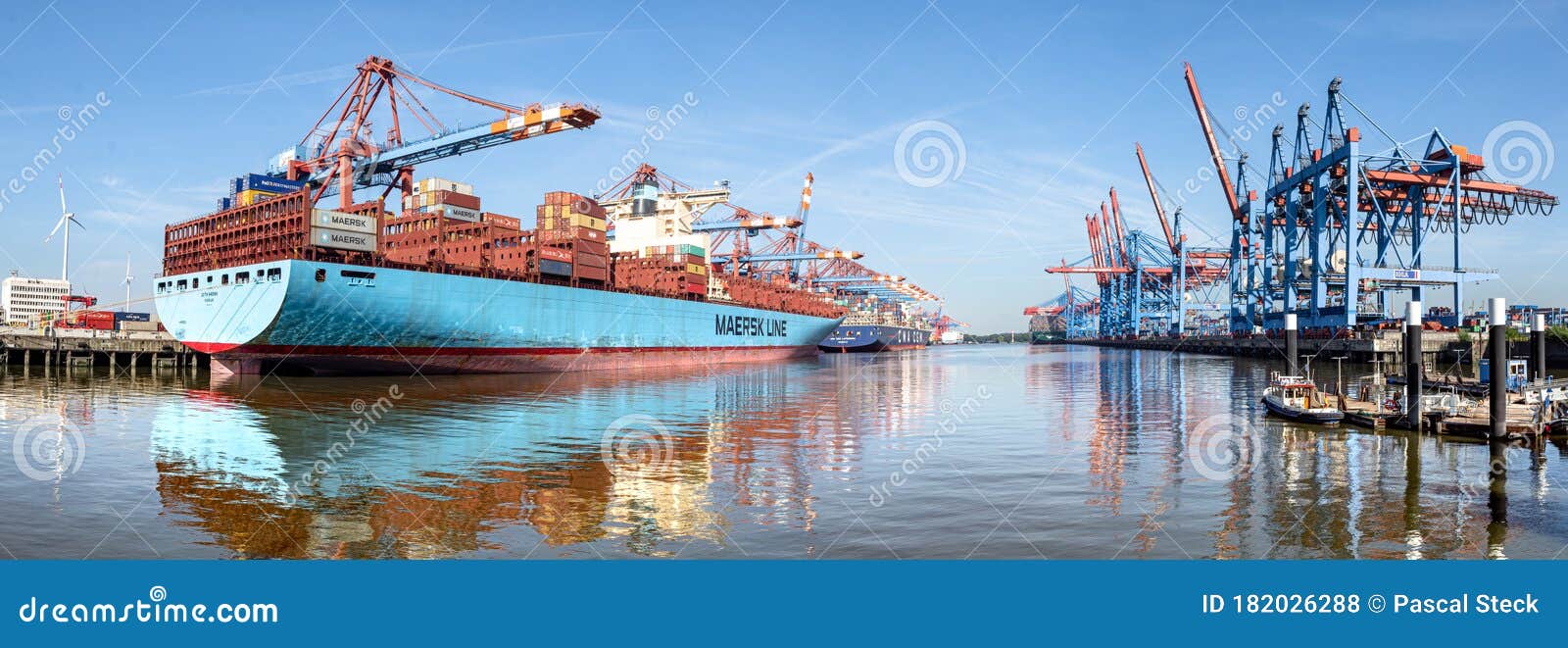 Huge Blue Cargo Ship Panoramic View on Container Cranes in Hamburgs ...