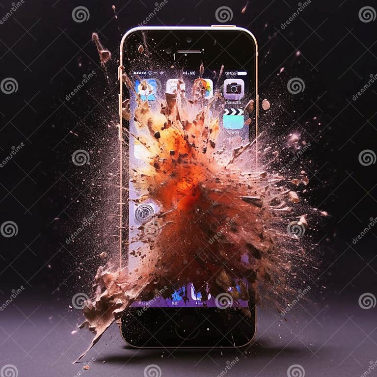 A Huge Broken Mobile Phone, Screen Shattering Explosion Stock ...