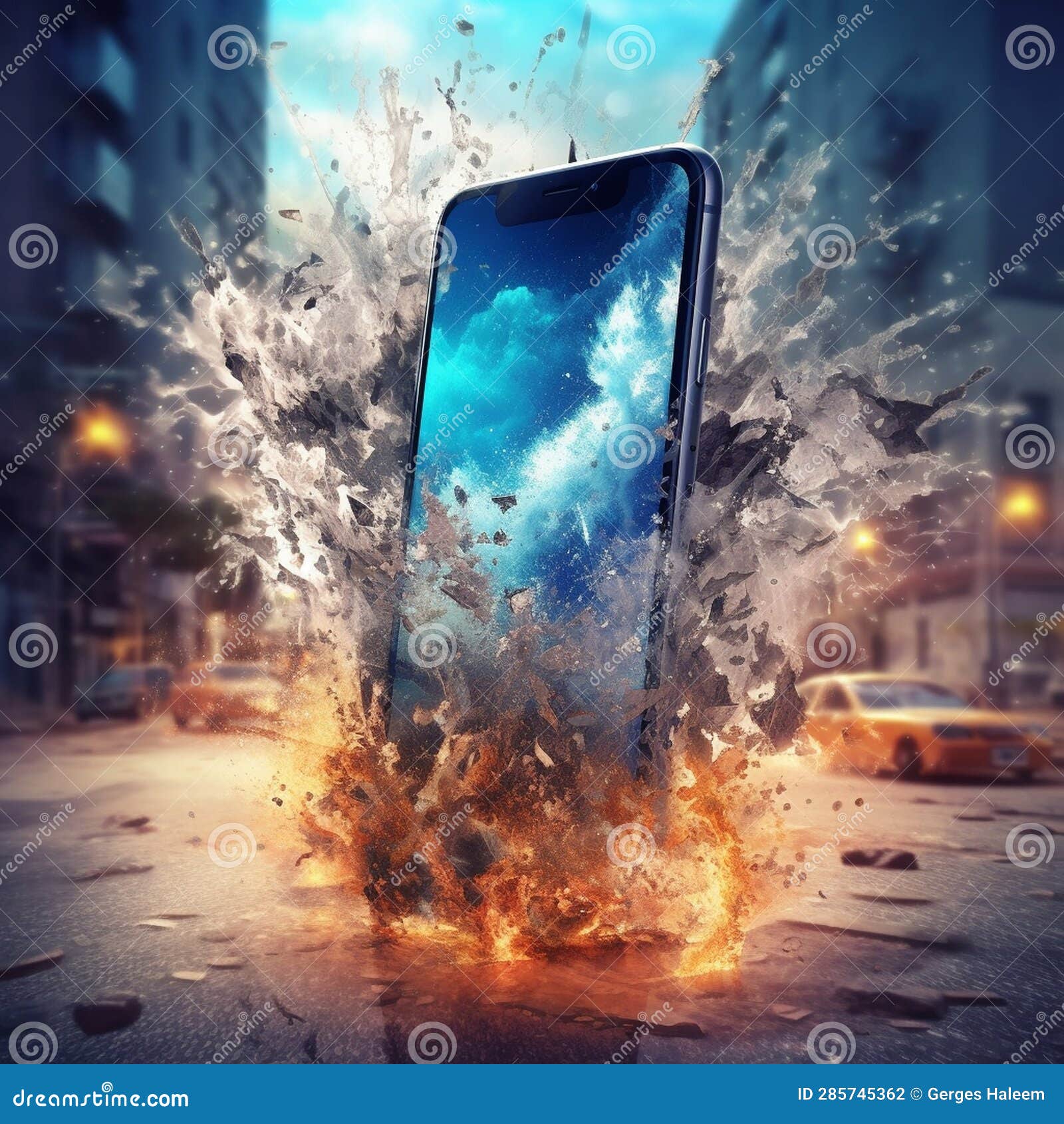 A Huge Broken Mobile Phone, Screen Shattering Explosion Stock ...