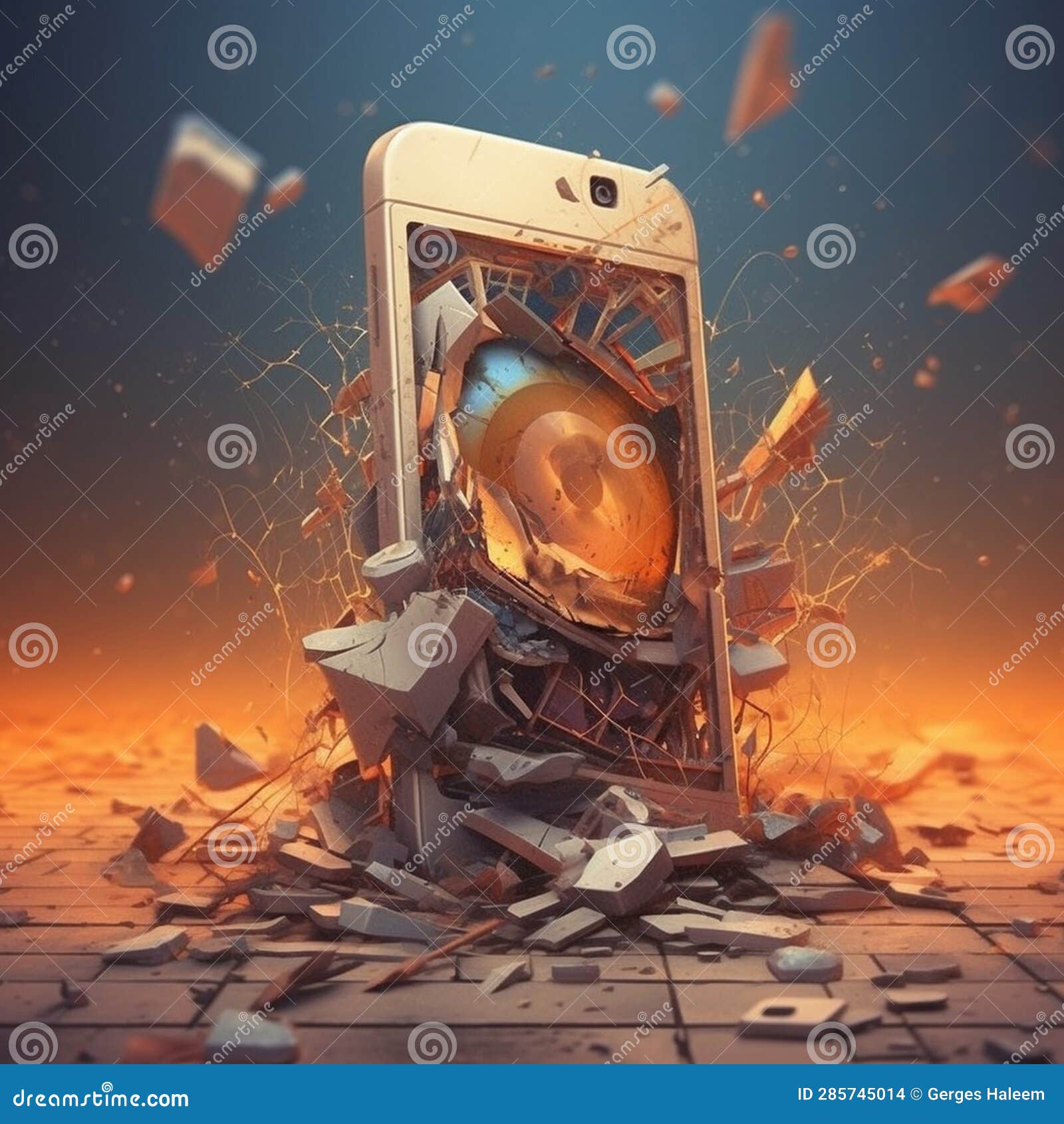 A Huge Broken Mobile Phone, Screen Shattering Explosion Stock ...