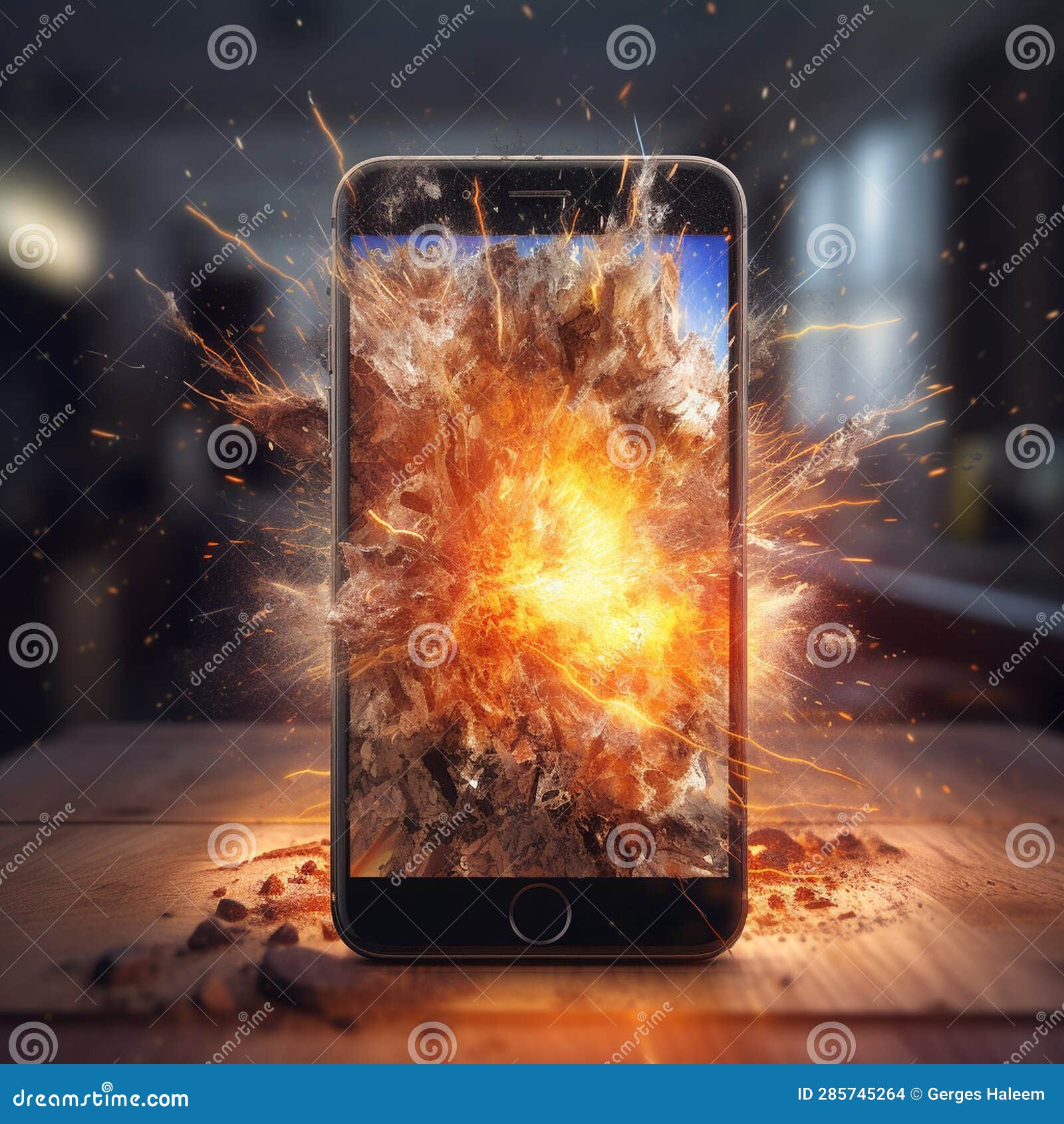 A Huge Broken Mobile Phone, Screen Shattering Explosion Stock ...