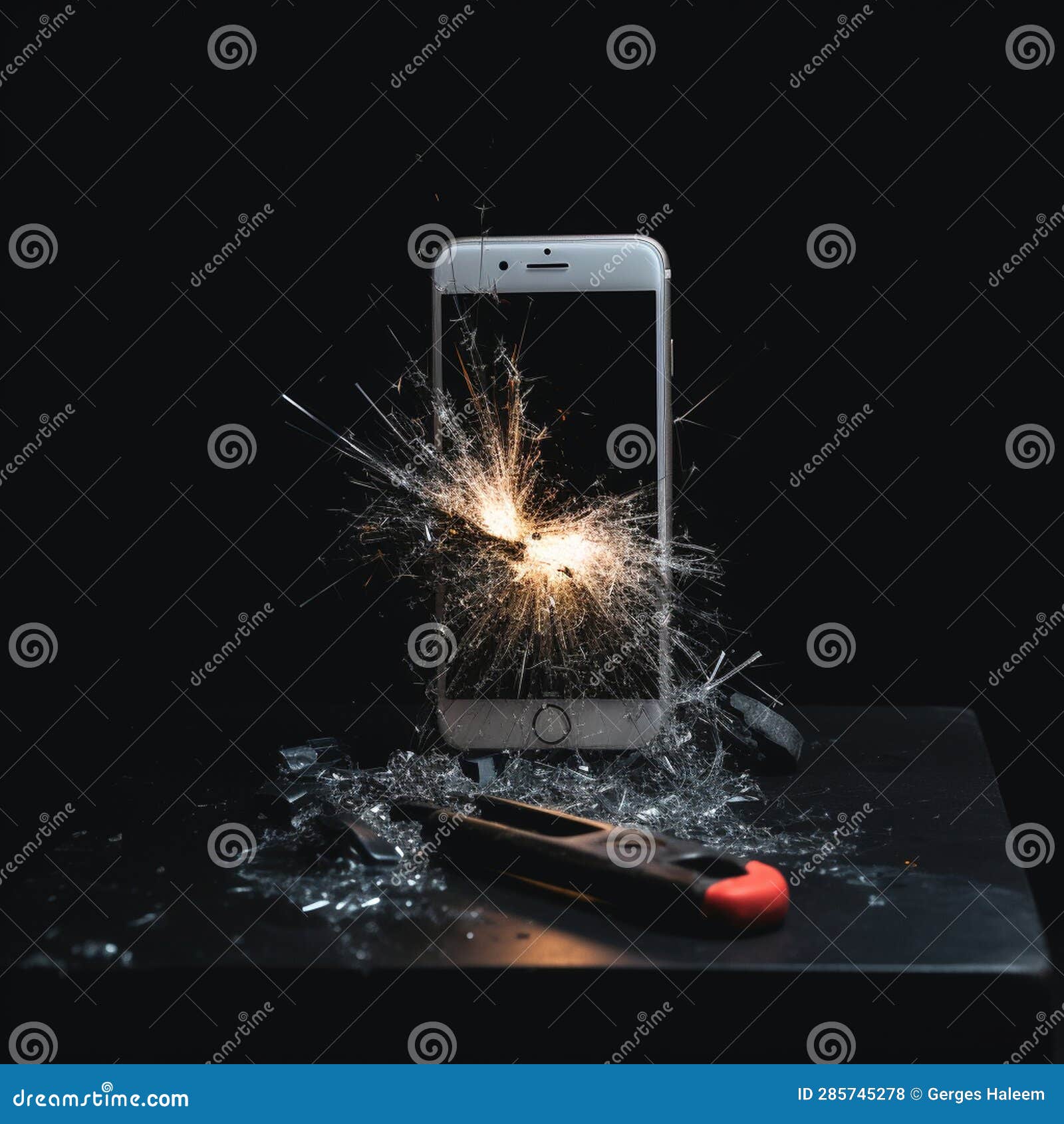 A Huge Broken Mobile Phone, Screen Shattering Explosion Stock ...