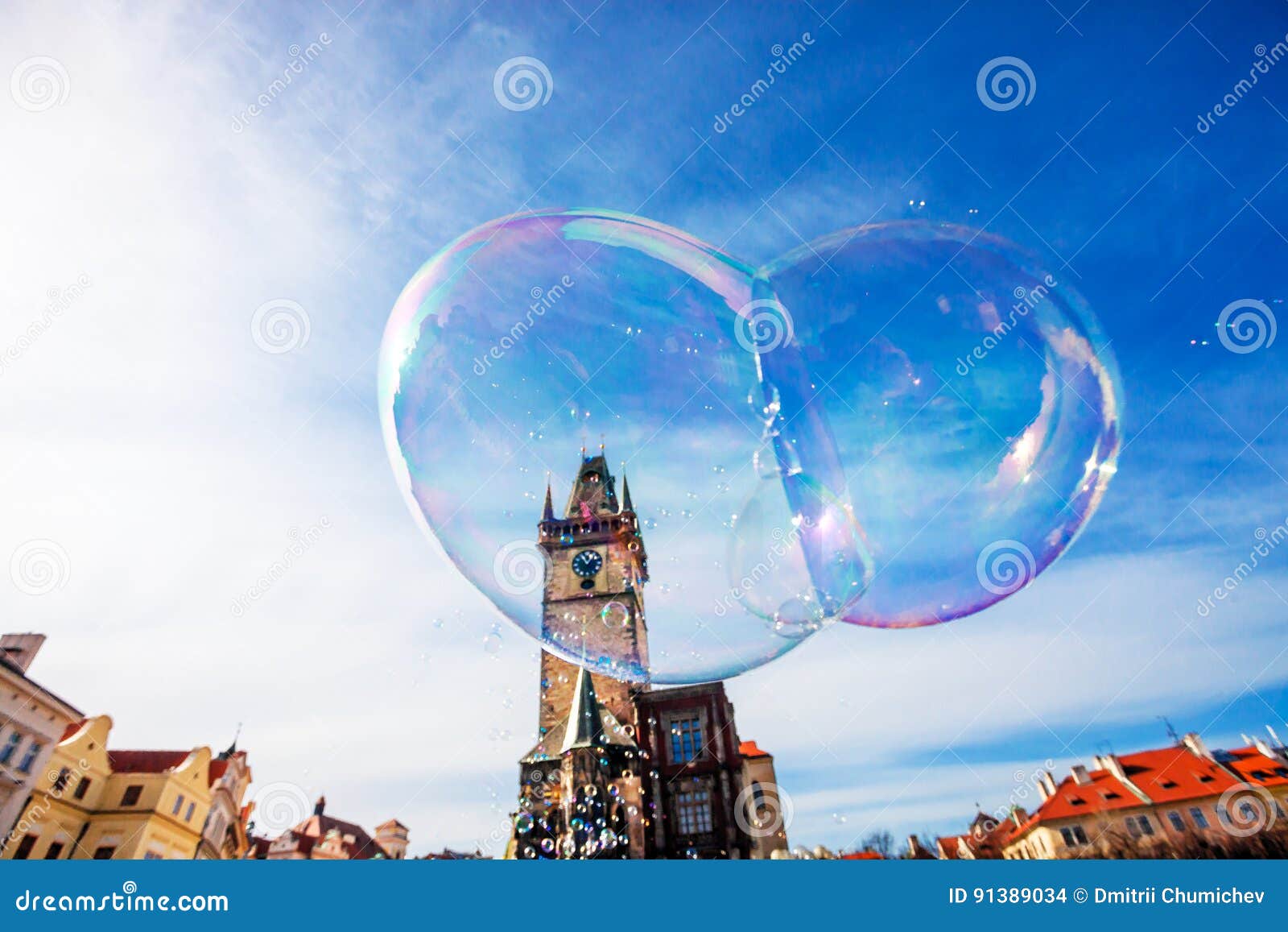 A Huge Bubble in the Background the Old Town Square in Prague Stock ...
