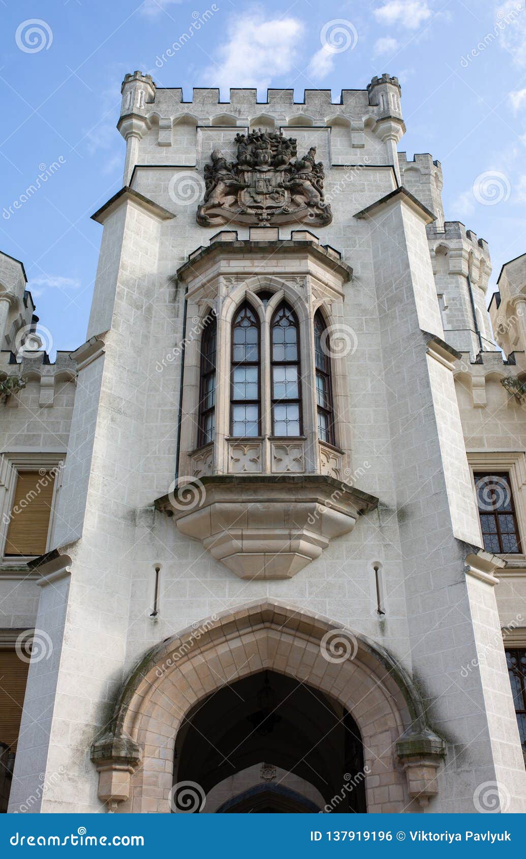 Huge Building Wall with Tall Gothic Windows on a Castle with Tower ...