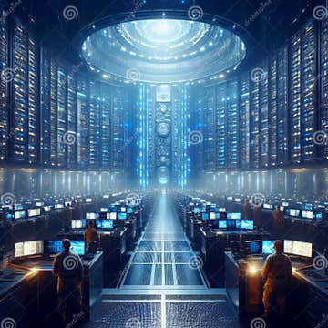 Server Room in Big Data Center with Binary Code Design. Modern Interior ...