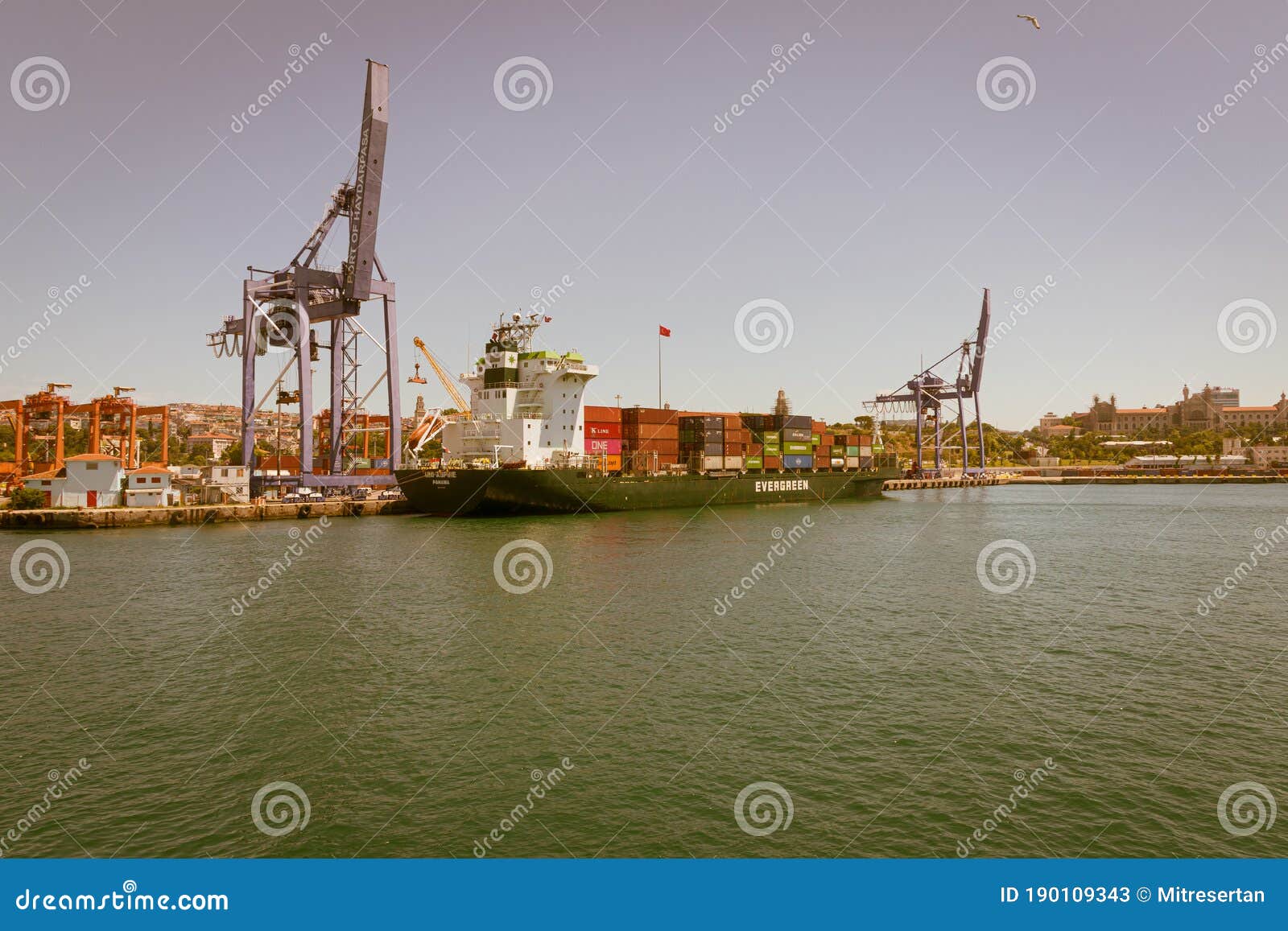 Huge Cranes Load a Ship on the Sea Freight Loading Platform. Editorial ...