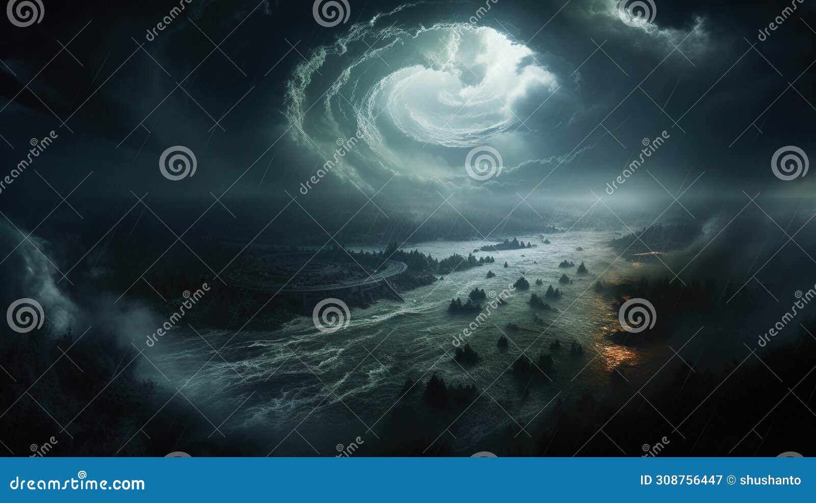 A Huge Cyclone Emerging Toward Fantasy Environment Stock Illustration ...