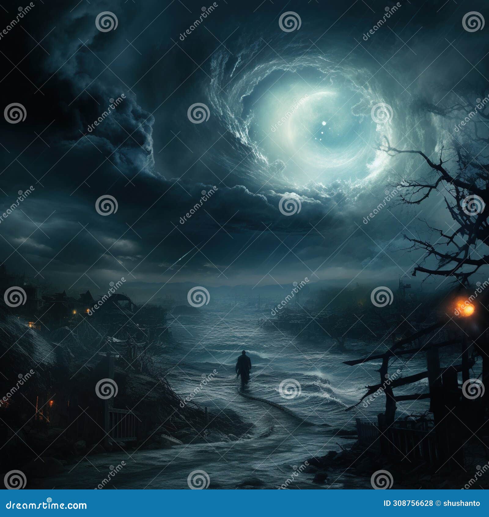 A Huge Cyclone Emerging Toward Fantasy Environment Stock Illustration ...
