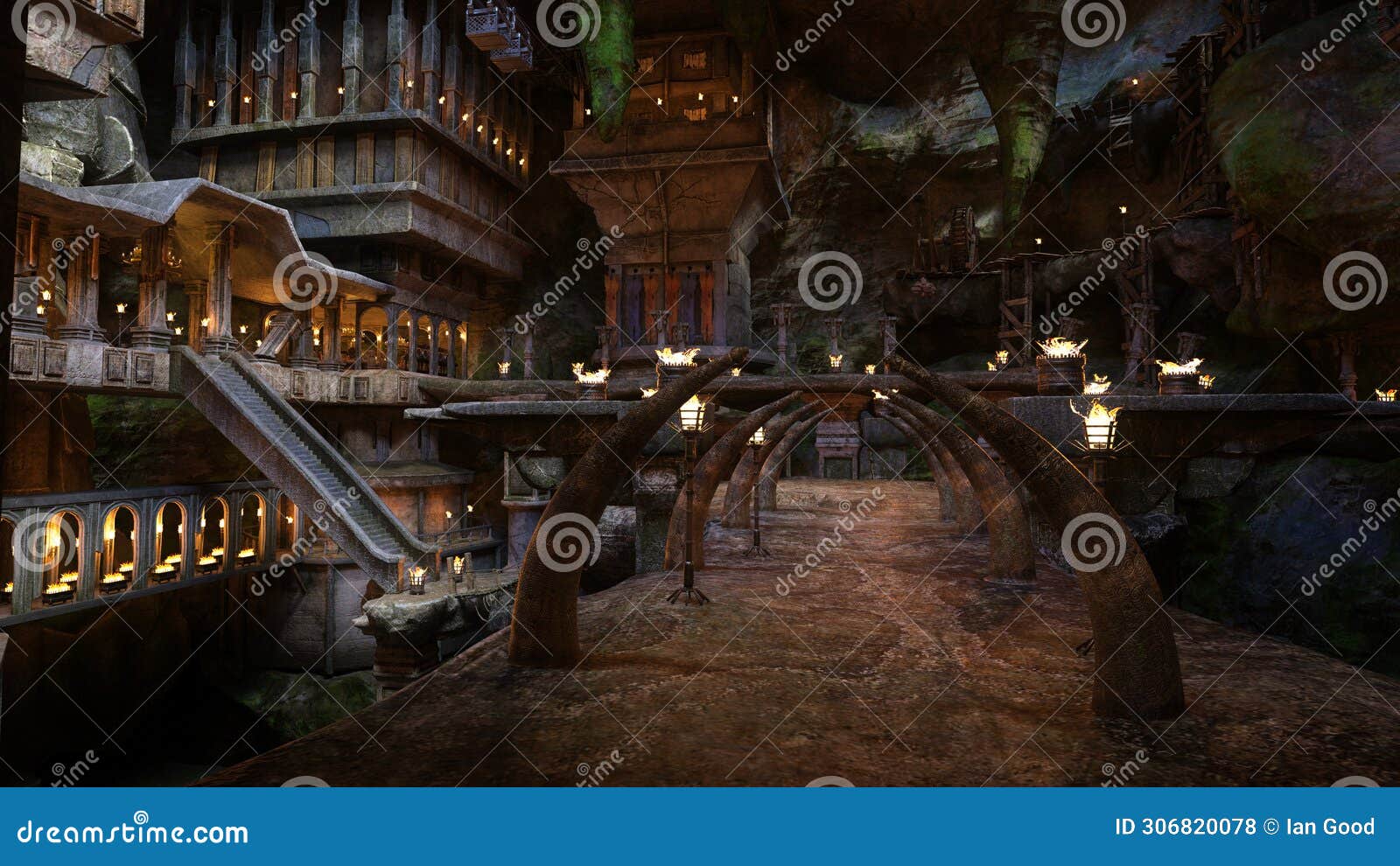 Huge Dark Cavernous Home Of Fantasy Dwarves Built Inside A Mountain. 3D ...