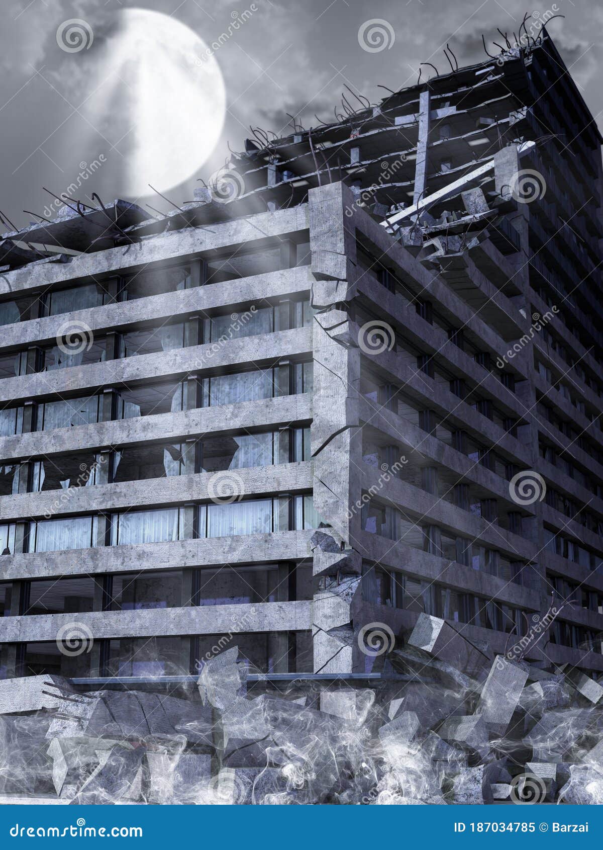 Huge Destroyed Skyline at Night. Stock Illustration - Illustration of ...
