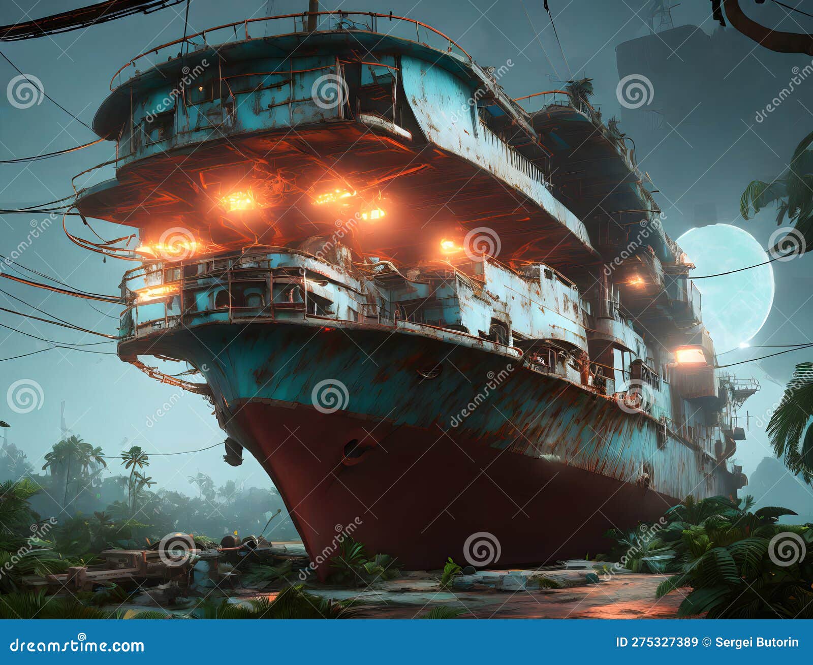 A Rusty Ship, Half-submerged In The Ocean, With Colorful Paint Peeling ...