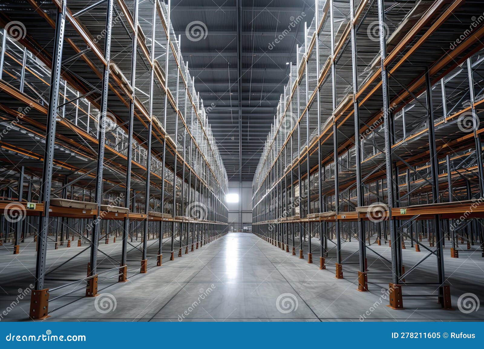 Huge Distribution Warehouse With High Shelves And Loaders. Bottom View ...