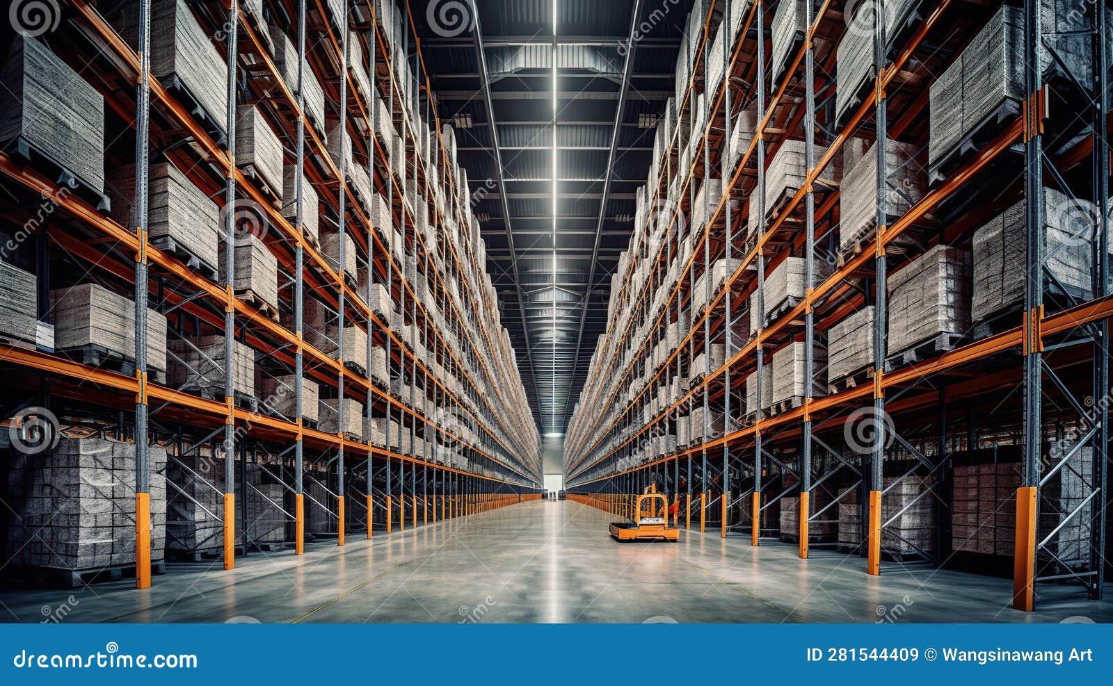 Huge Distribution Warehouse with High Shelves and Loaders. Generative ...