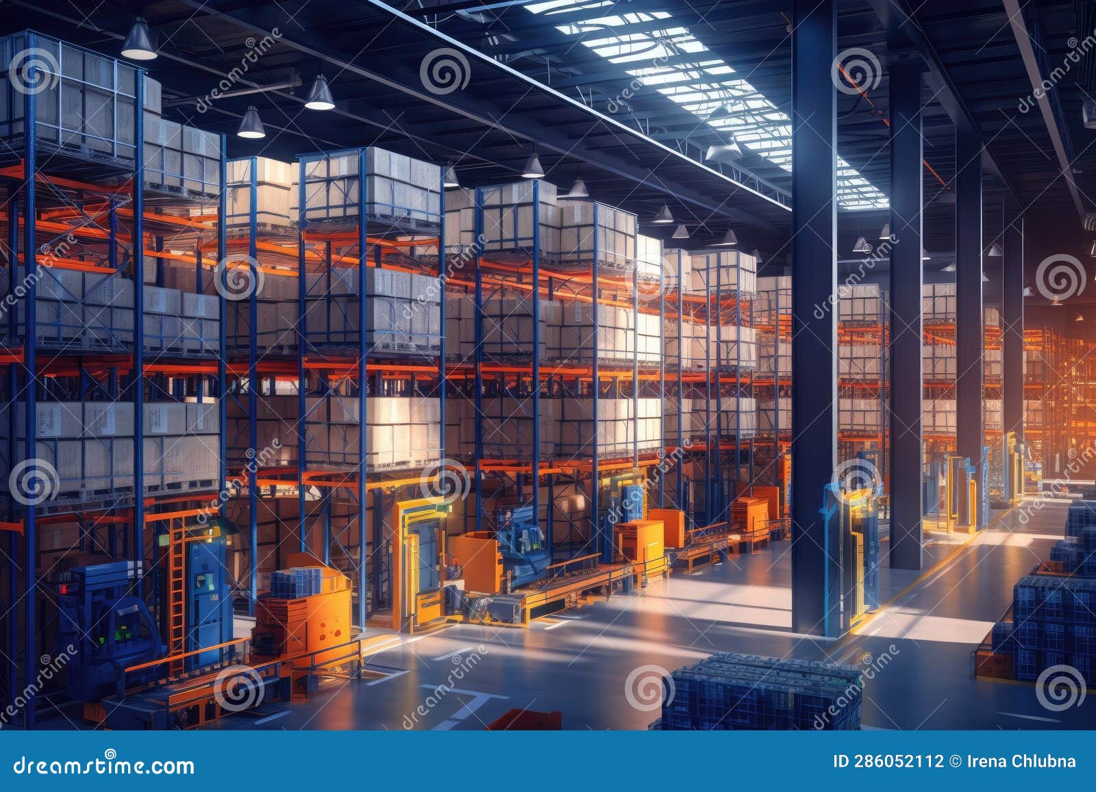 Huge Distribution Warehouse with High Shelves and Loaders. Generative ...