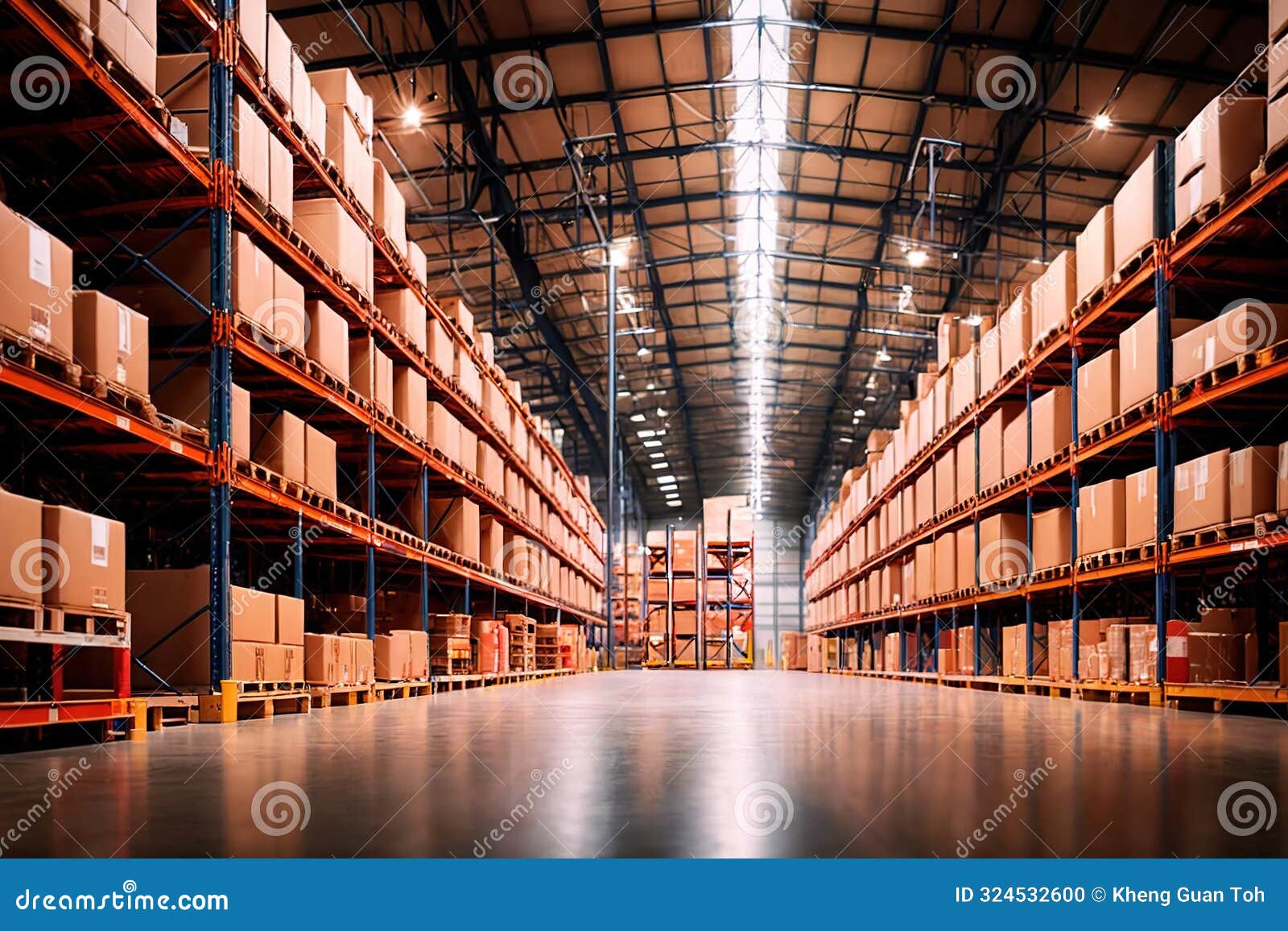 Huge Distribution Warehouse with High Shelves and Loaders. Stock ...