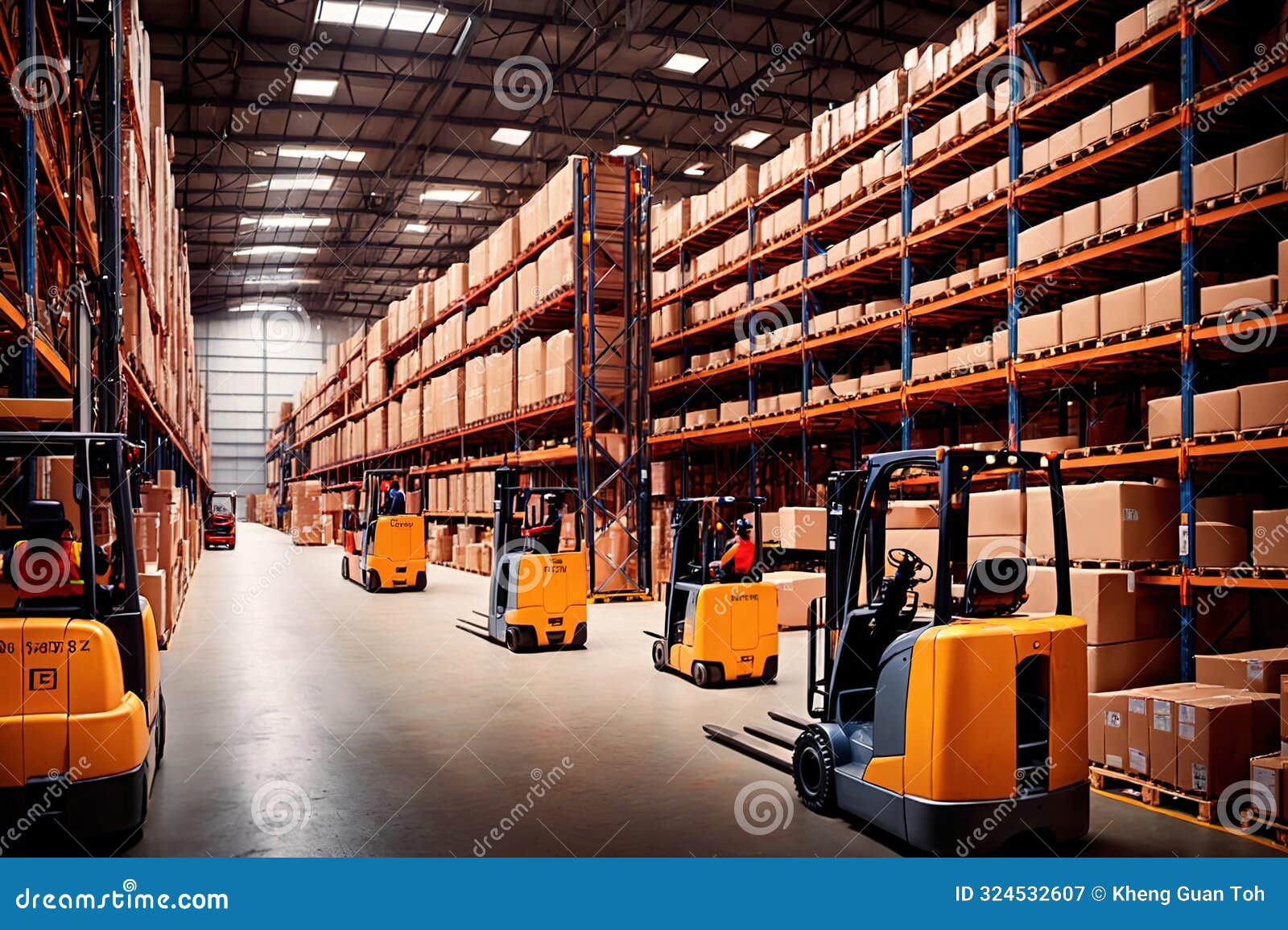 Huge Distribution Warehouse with High Shelves and Loaders. Stock ...
