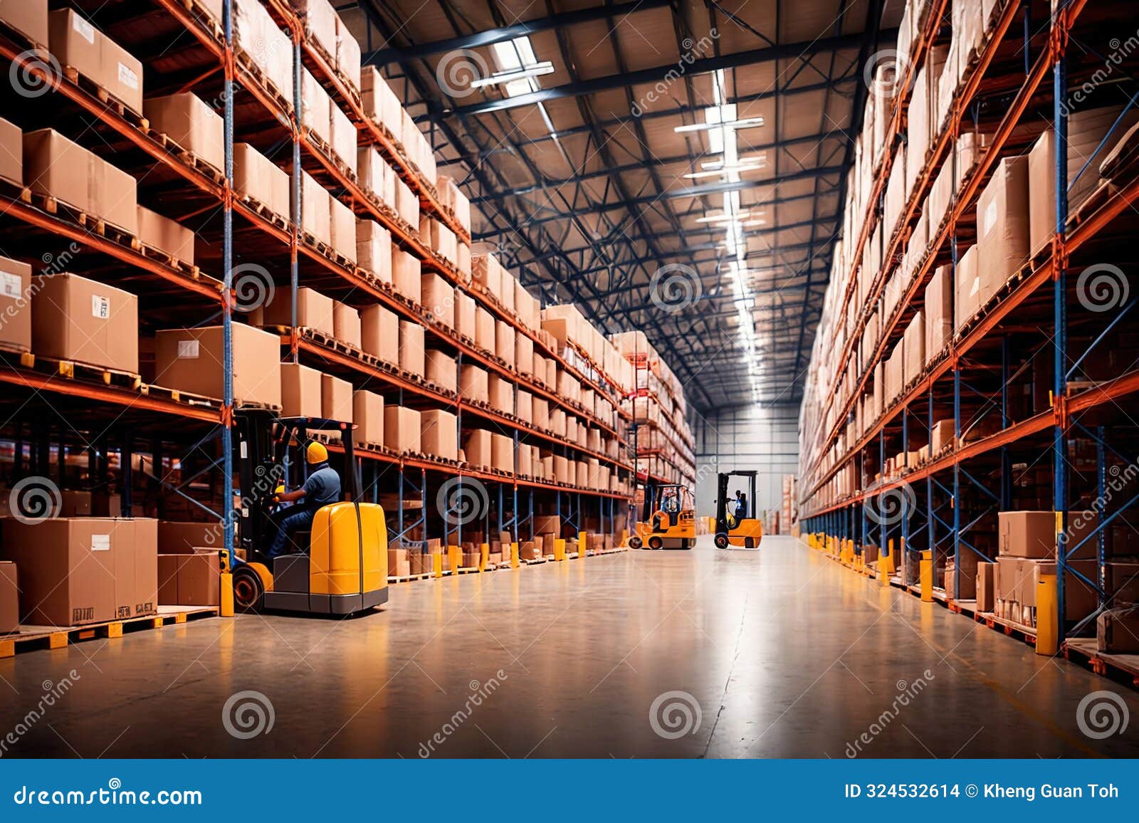 Huge Distribution Warehouse with High Shelves and Loaders. Stock ...